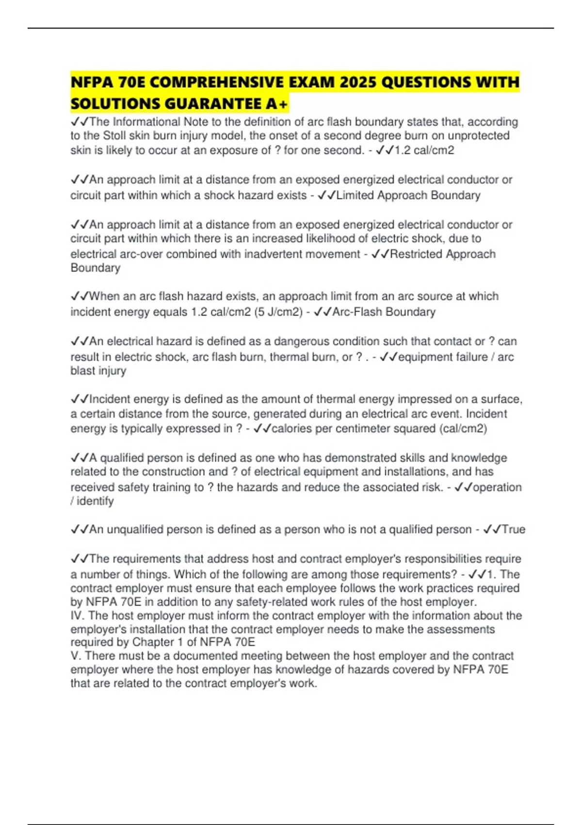 NFPA 70E COMPREHENSIVE EXAM 2025 QUESTIONS WITH SOLUTIONS GUARANTEE A+ ...