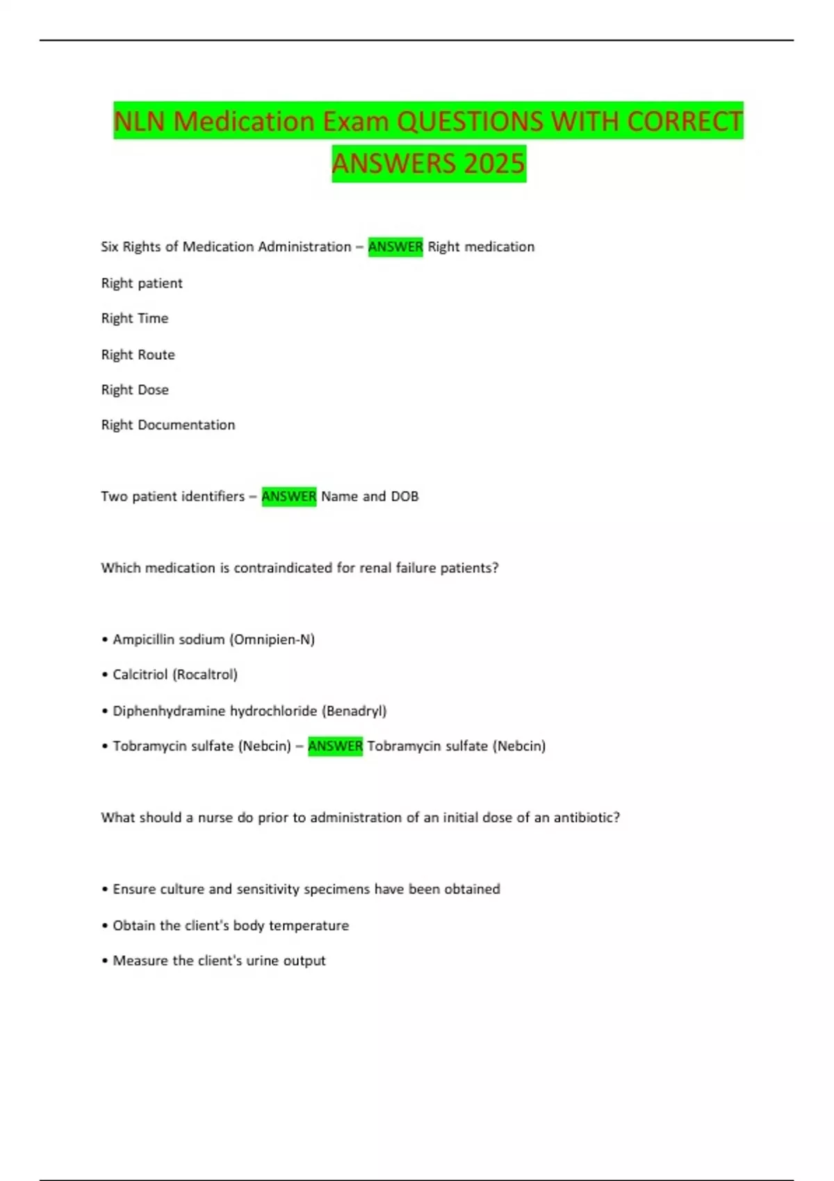 NLN Medication Exam QUESTIONS WITH CORRECT ANSWERS 2025 - NLN NEX ...