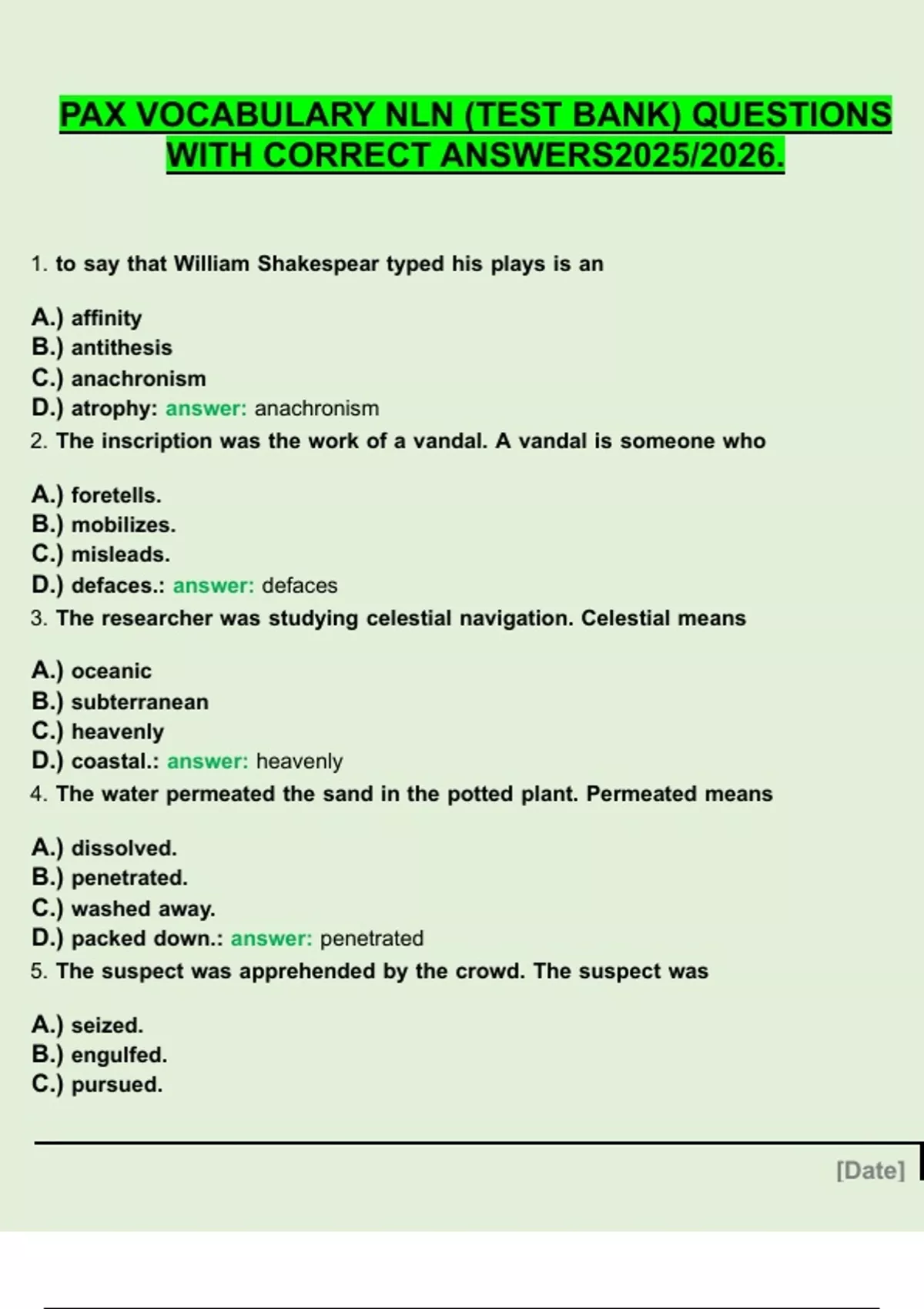 PAX VOCABULARY NLN (TEST BANK) QUESTIONS WITH CORRECT ANSWERS - NLN NEX ...