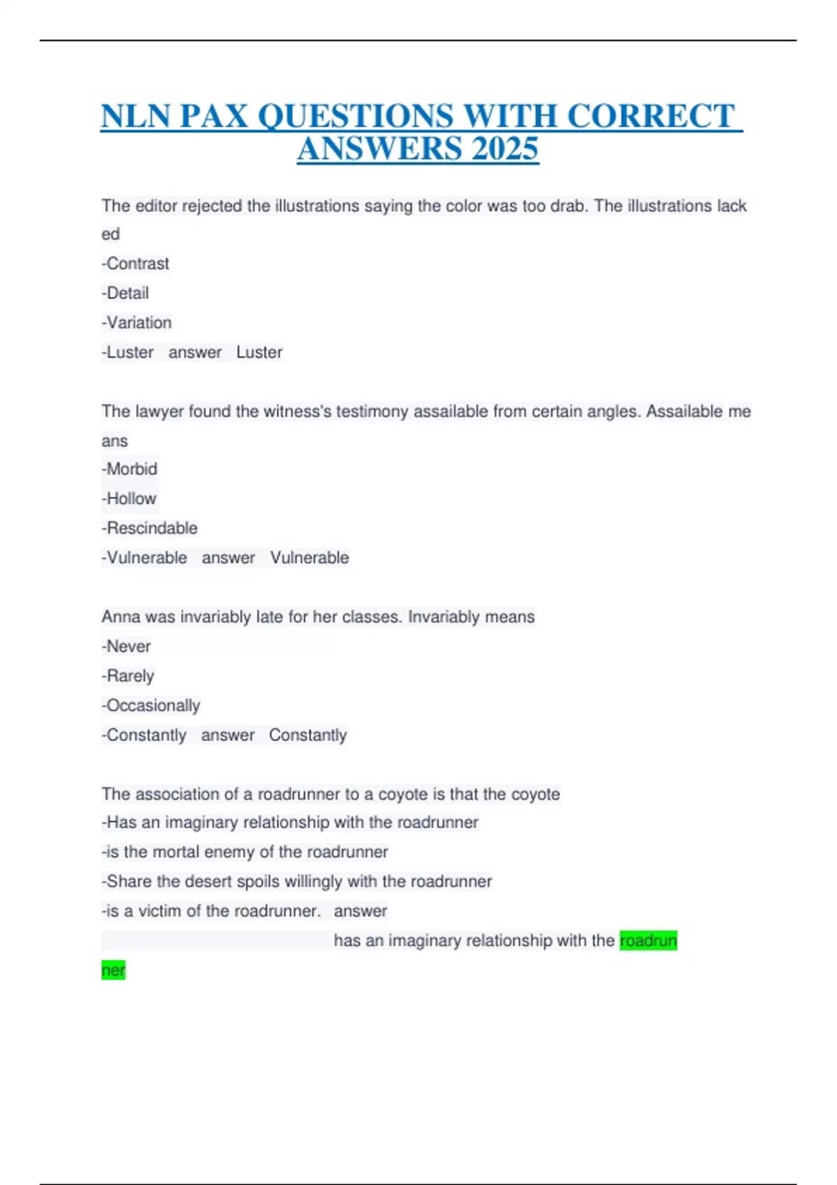 NLN PAX QUESTIONS WITH CORRECT ANSWERS 2025 - NLN NEX - Stuvia US