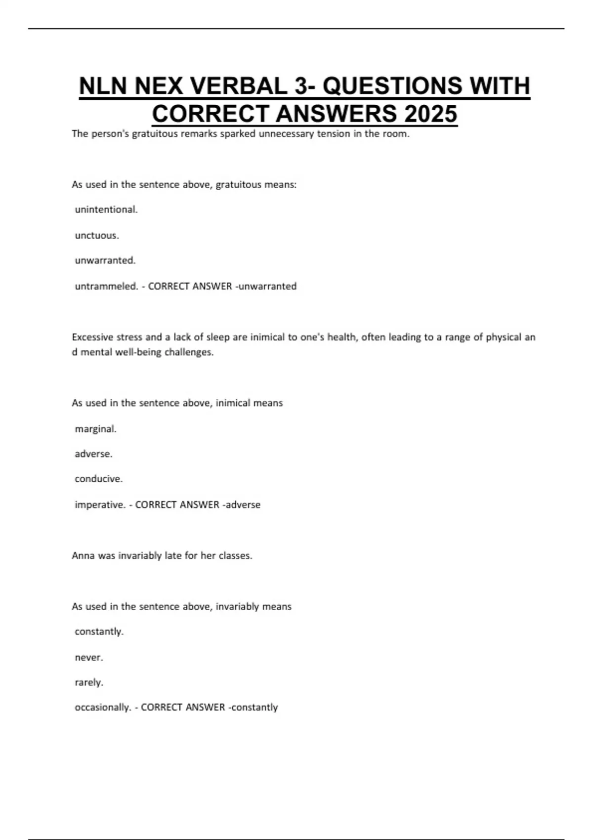 NLN NEX VERBAL 3- QUESTIONS WITH CORRECT ANSWERS 2025 - NLN NEX - Stuvia US