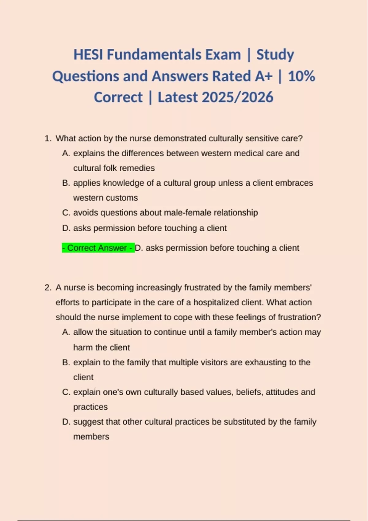 HESI Fundamentals Exam | Study Questions and Answers Rated A+ | 100% ...