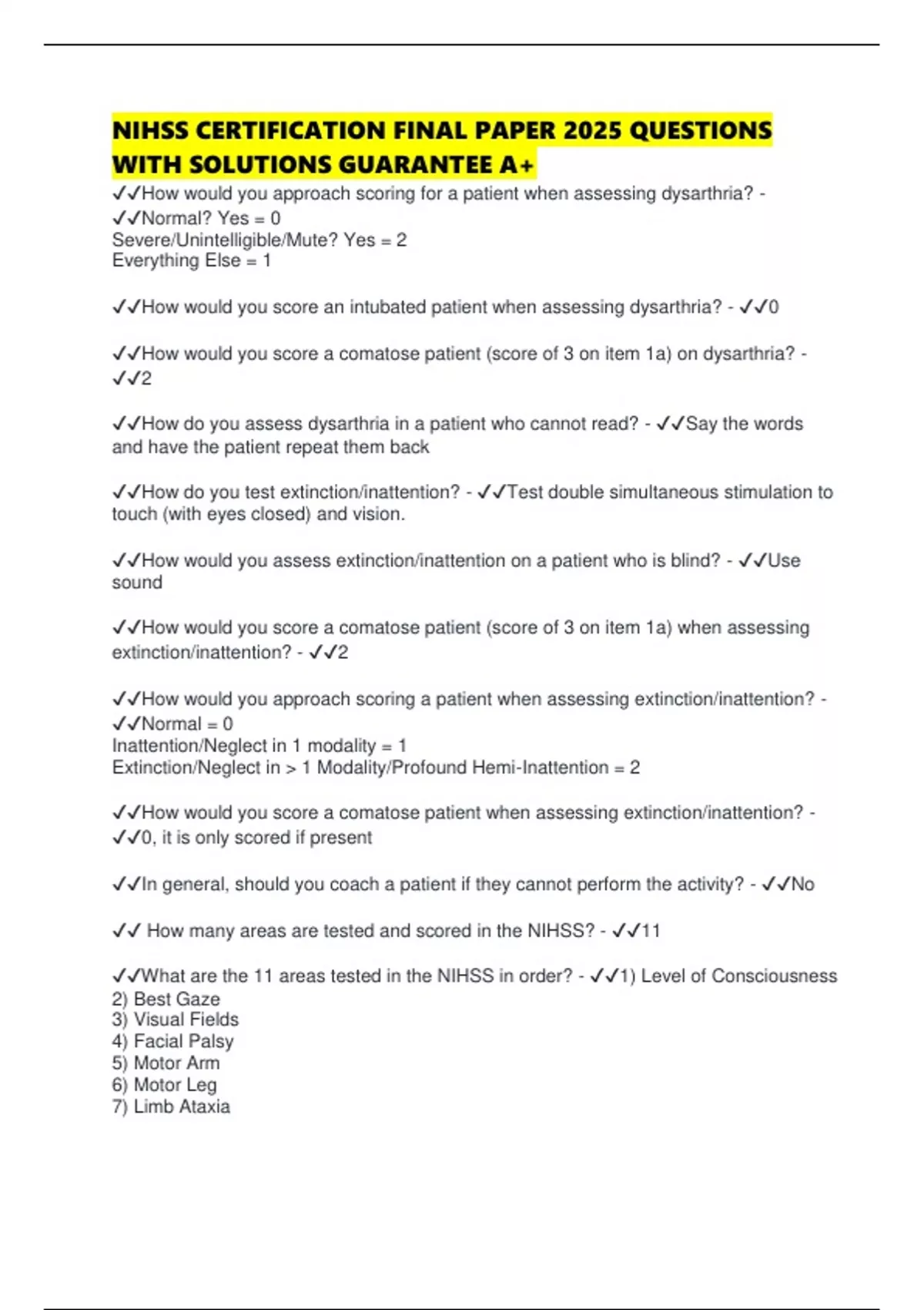 NIHSS CERTIFICATION FINAL PAPER 2025 QUESTIONS WITH SOLUTIONS GUARANTEE ...