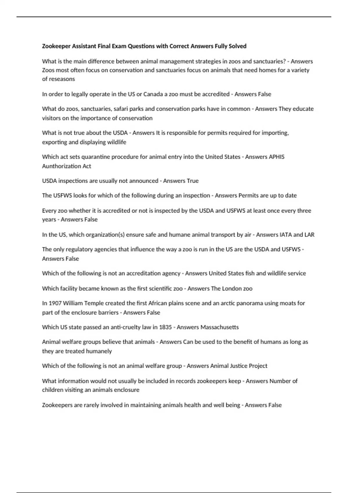 Zookeeper Assistant Final Exam Questions with Correct Answers Fully ...