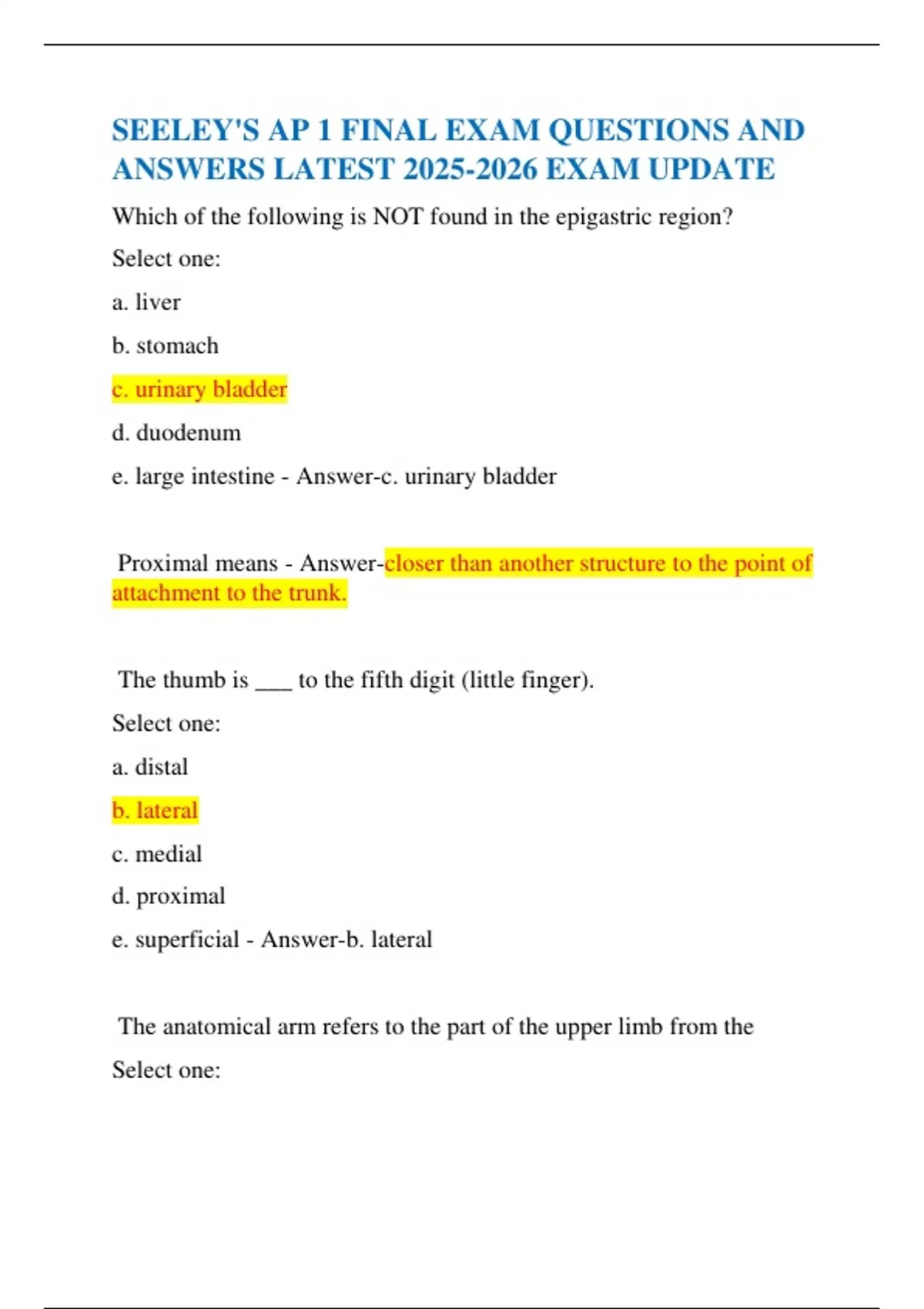 SEELEY'S AP 1 FINAL EXAM QUESTIONS AND ANSWERS LATEST EXAM UPDATE ...
