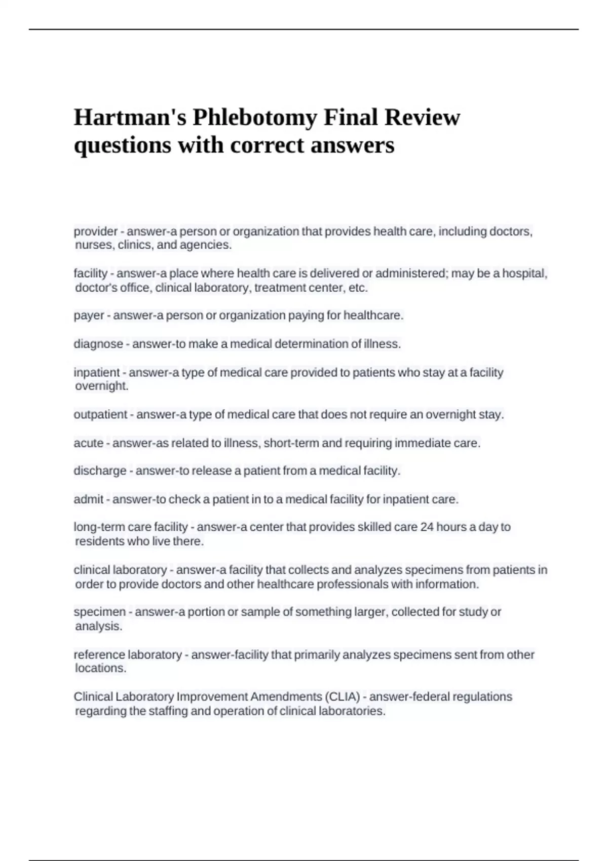 Hartman questions with correct answers - Phlebotomy - Stuvia US