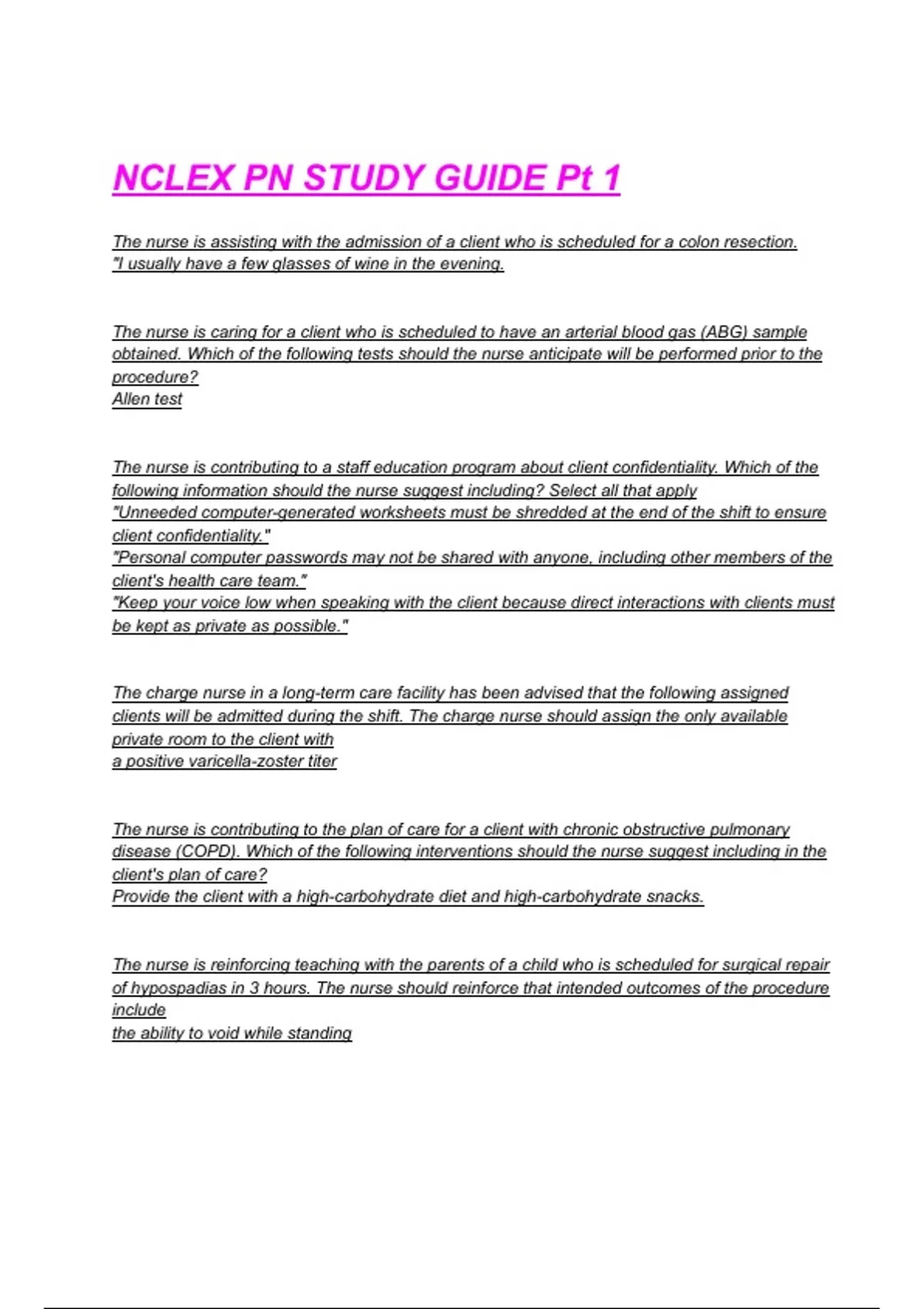 NCLEX PN STUDY GUIDE Pt 1 EXAM QUESTIONS WITH CORRECT ANSWERS 2025/2026 ...