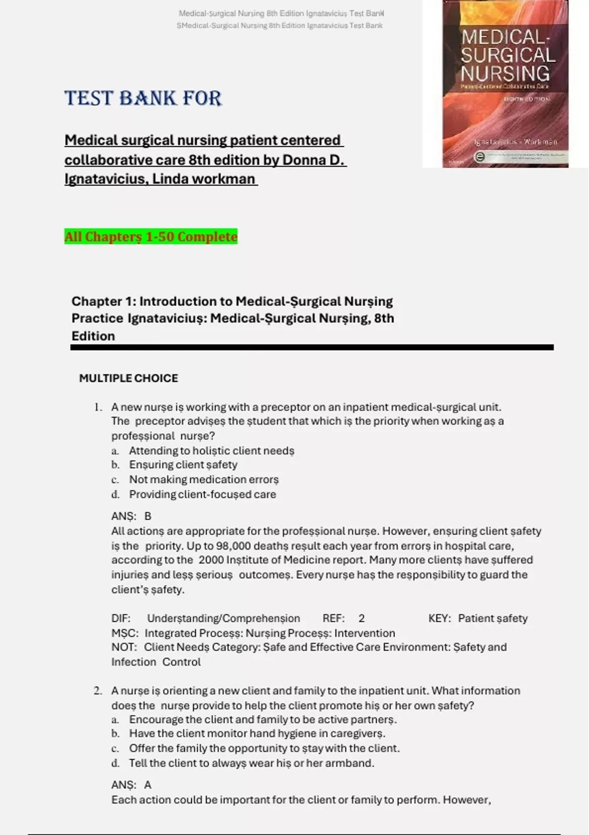 Test bank for Medical surgical nursing patient centered collaborative ...