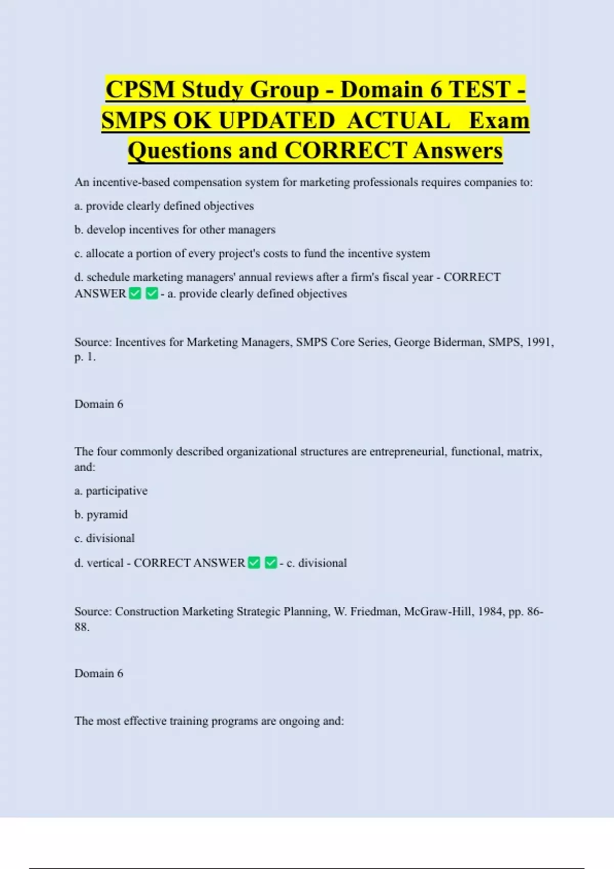 CPSM Study Group - Domain 6 TEST - SMPS OK UPDATED ACTUAL Exam ...