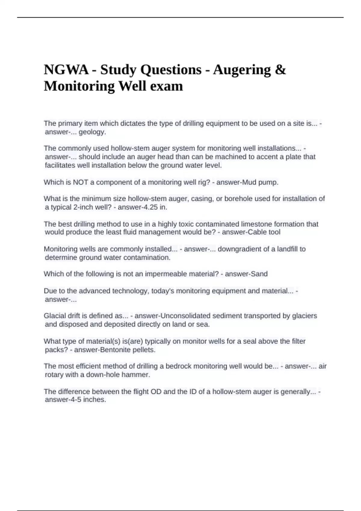 NGWA - Study Questions - Augering & Monitoring Well questions with ...