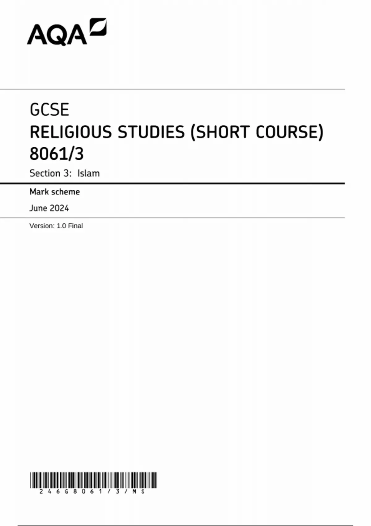 AQA GCSE RELIGIOUS STUDIES (SHORT COURSE) Section 3 MARK SCHEME 2024 ...