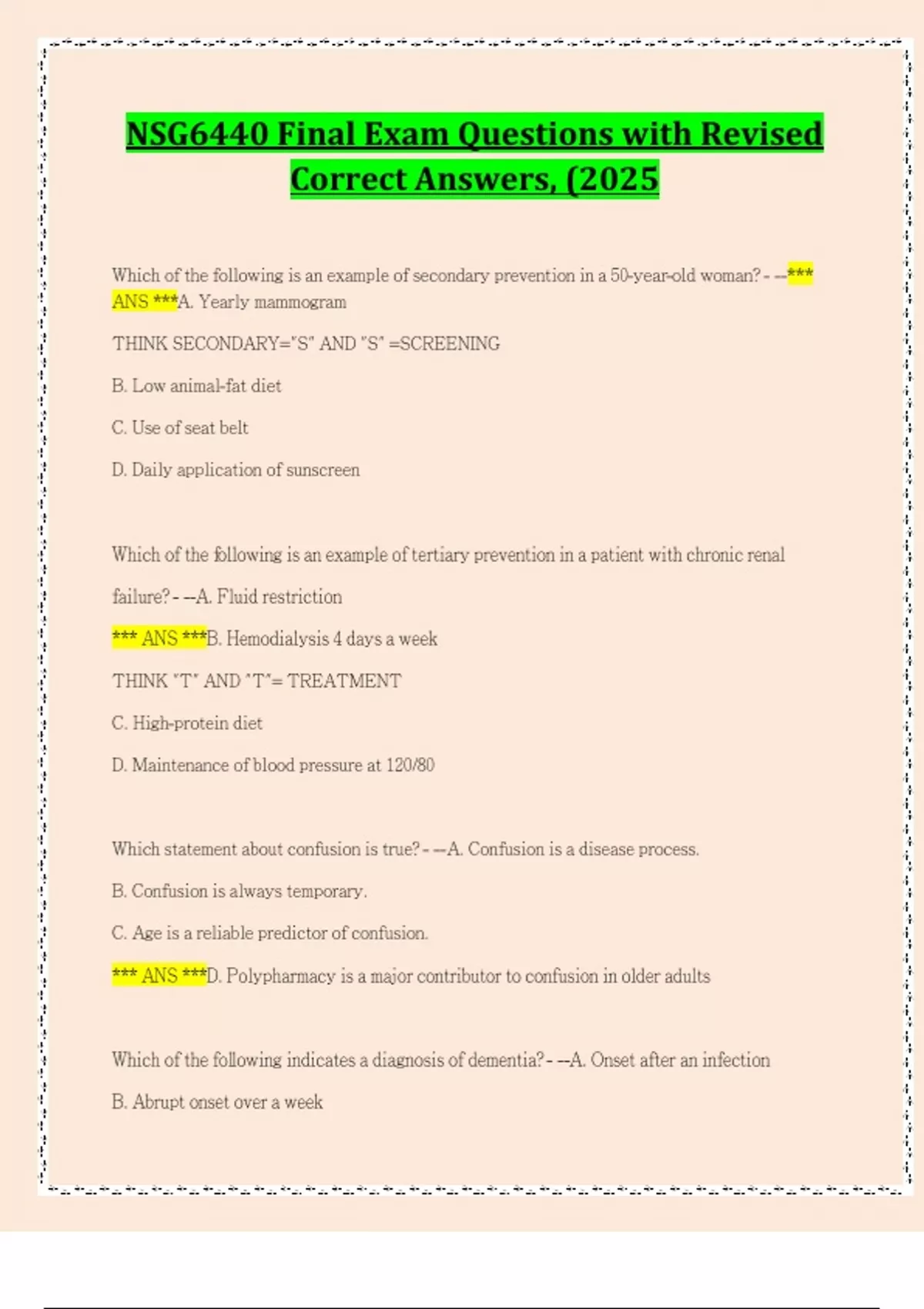 NSG6440 Practicum IV Family Health Primary Care Final Exam Questions with Revised Correct ...