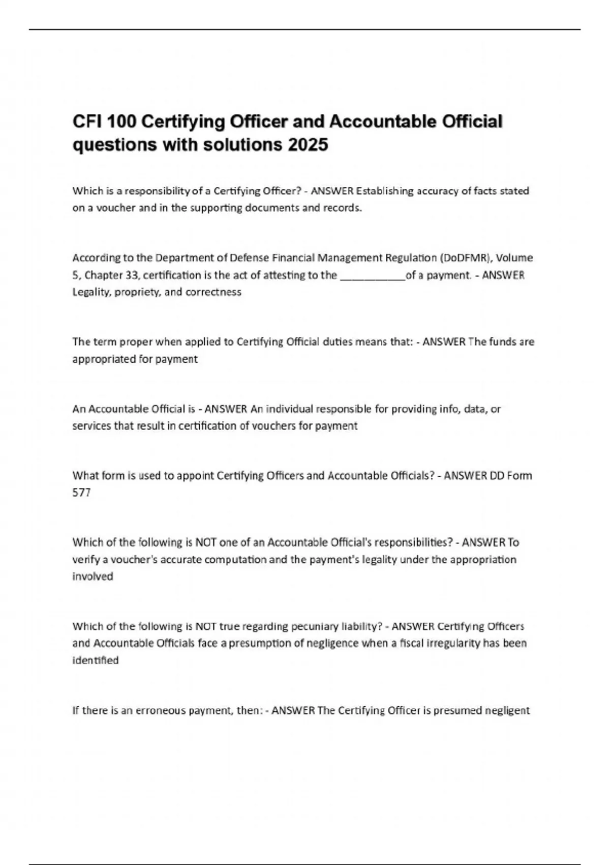 CFI 100 Certifying Officer and Accountable Official questions with solutions 2025_ - CFCI ...