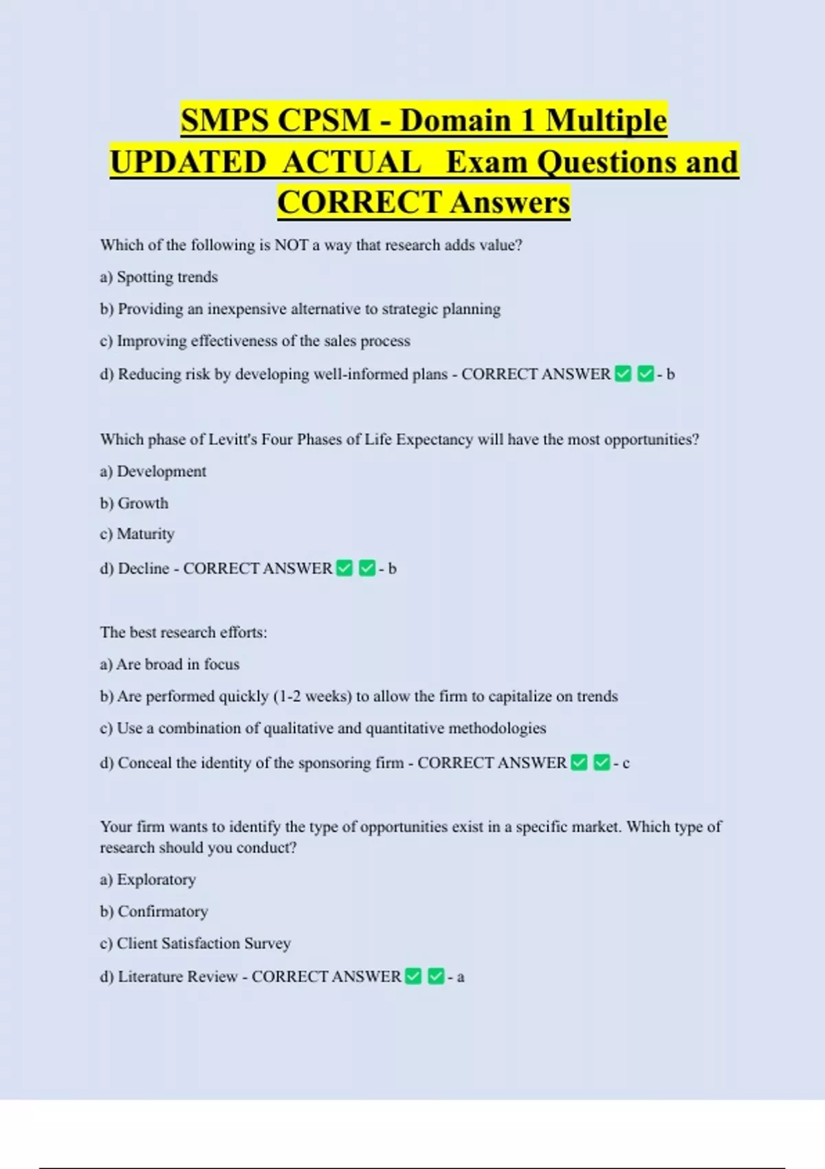 SMPS CPSM - Domain 1 Multiple UPDATED ACTUAL Exam Questions and CORRECT Answers - Cpsm - Stuvia US