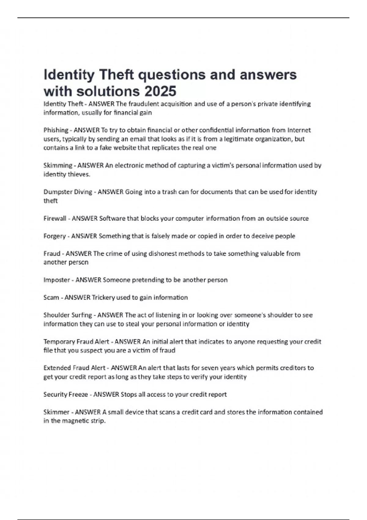 Identity Theft questions and answers with solutions 2025 - CFCI - Stuvia US