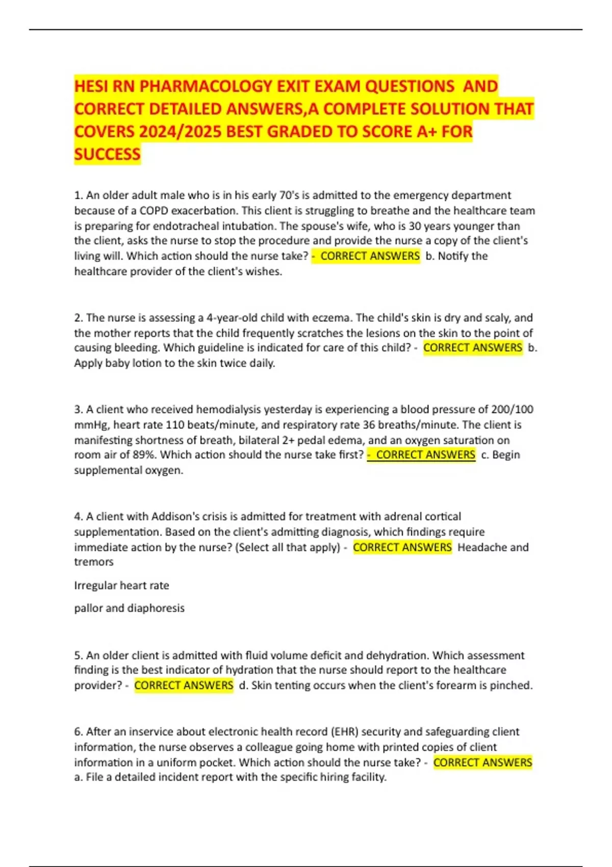 HESI RN PHARMACOLOGY EXIT EXAM QUESTIONS AND CORRECT DETAILED ANSWERS,A ...