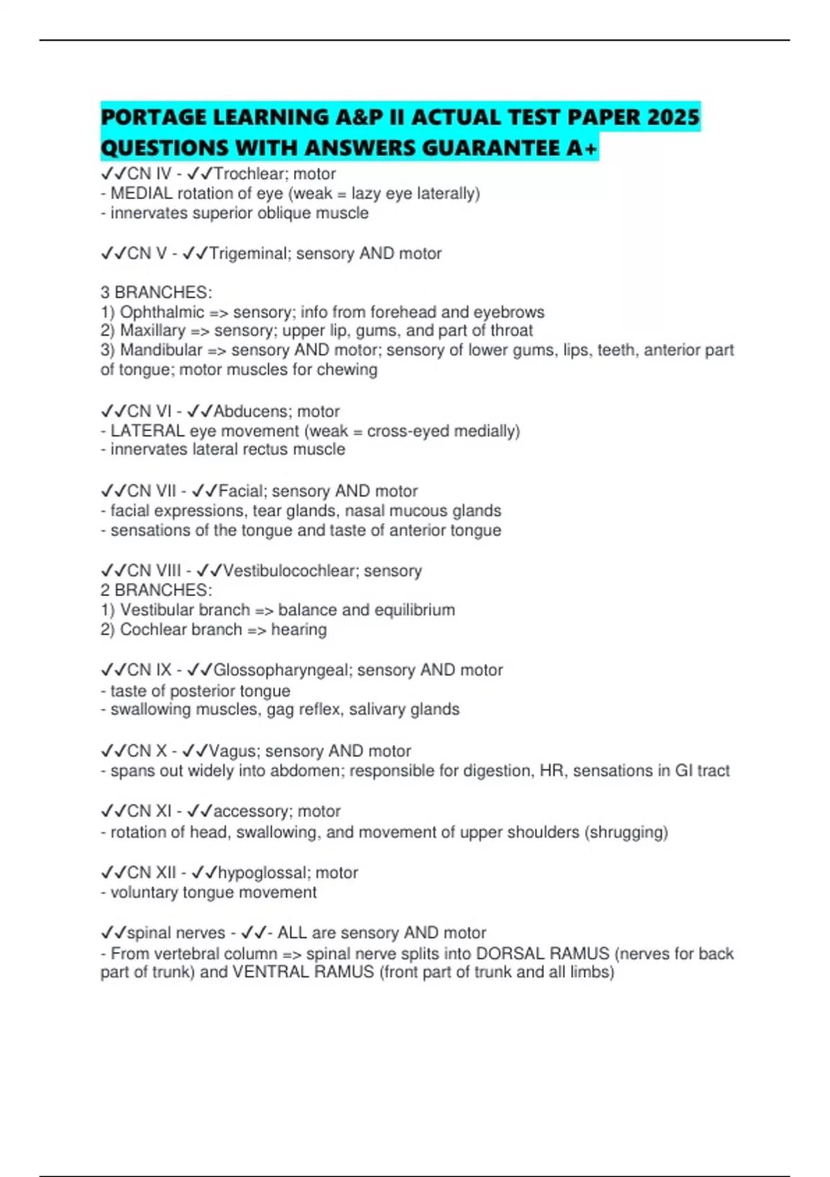 PORTAGE LEARNING A&P II ACTUAL TEST PAPER 2025 QUESTIONS WITH ANSWERS ...
