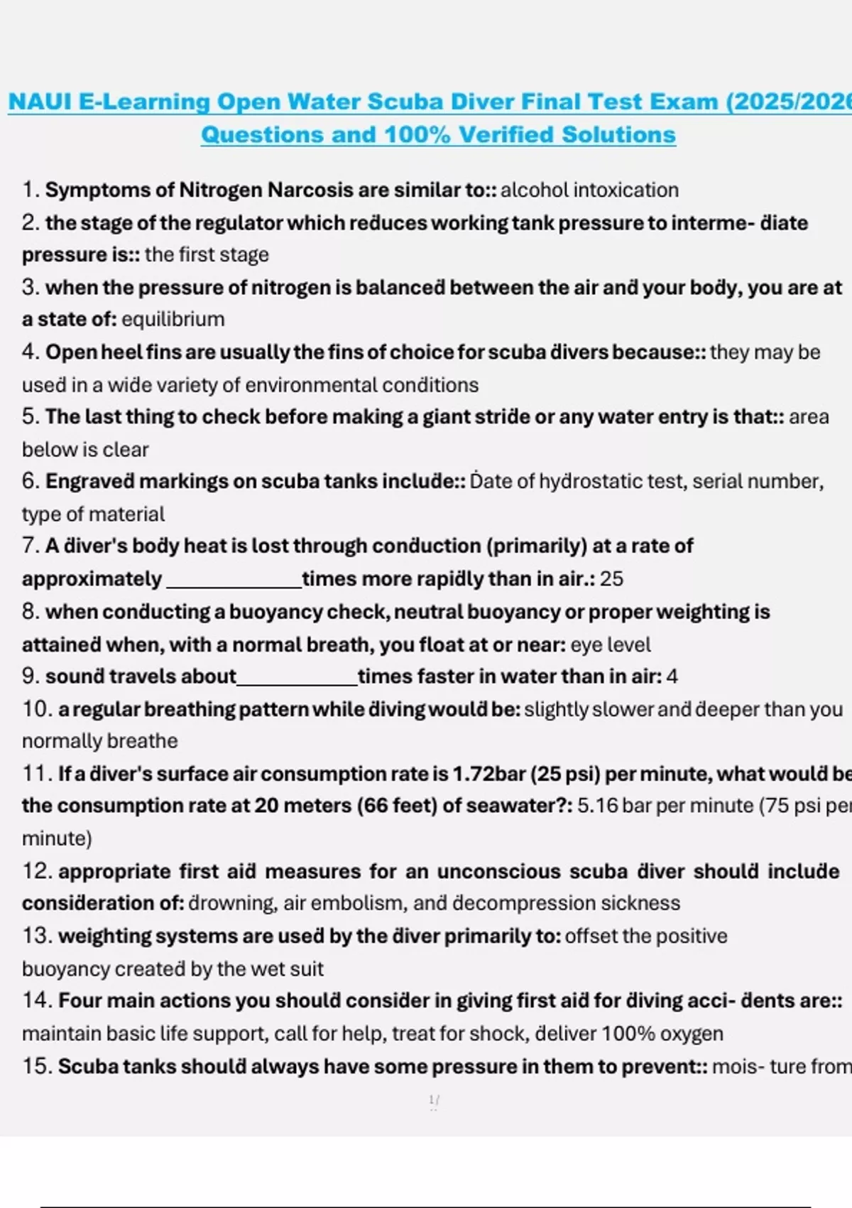 NAUI E-Learning Open Water Scuba Diver Final Test Exam (2025/2026 ...