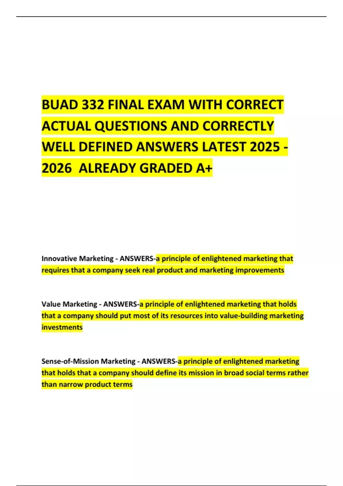 BUAD 332 FINAL EXAM WITH CORRECT ACTUAL QUESTIONS AND CORRECTLY WELL ...