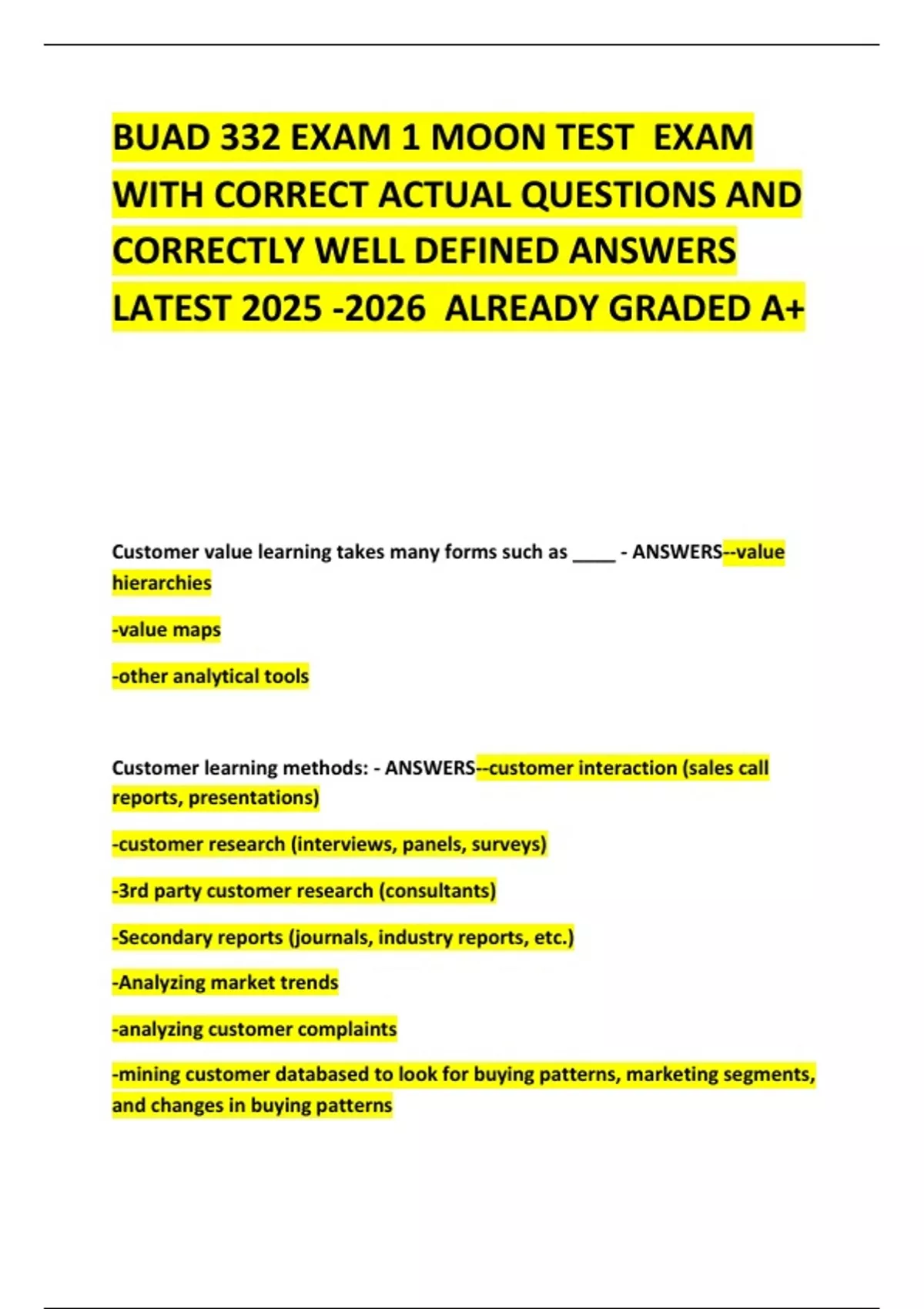 BUAD 332 EXAM 1 MOON TEST EXAM WITH CORRECT ACTUAL QUESTIONS AND ...