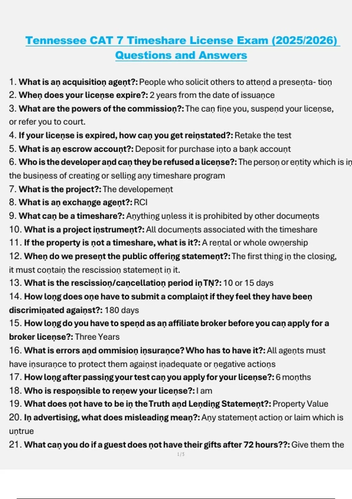 Tennessee CAT 7 Timeshare License Exam (2025/2026) Questions and ...