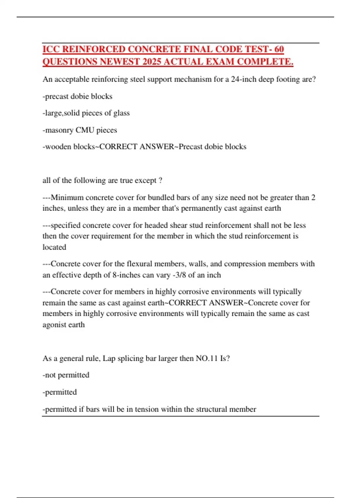 ICC REINFORCED CONCRETE FINAL CODE TEST- 60 QUESTIONS NEWEST 2025 ...