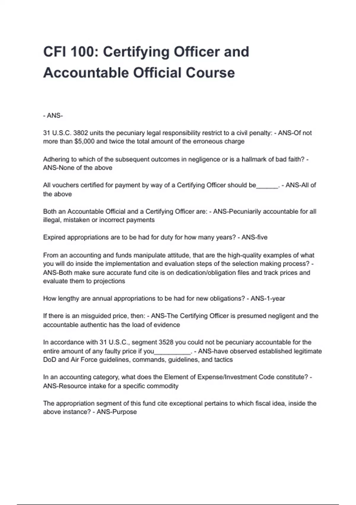 CFI 100: Certifying Officer and Accountable Official Course (2025/2026 Newest Update) COMPLETE ...