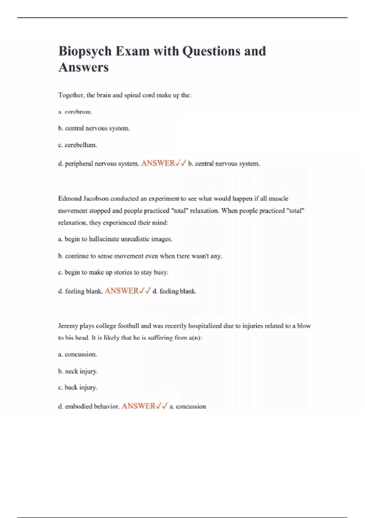 Biopsych Exam with Questions and Answers - BioPsych - Stuvia US