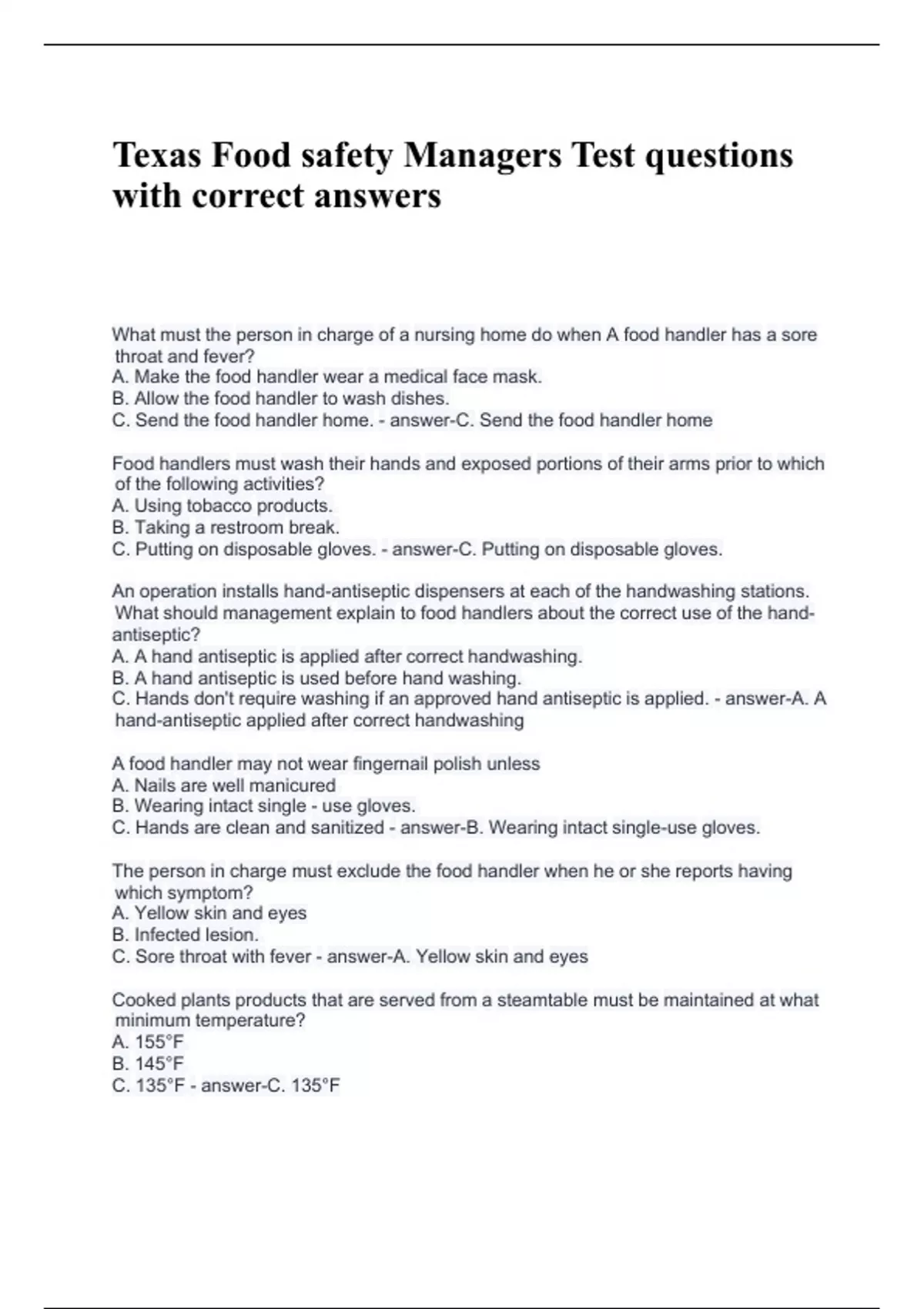 Texas Food safety Managers Test questions with correct answers - Food ...