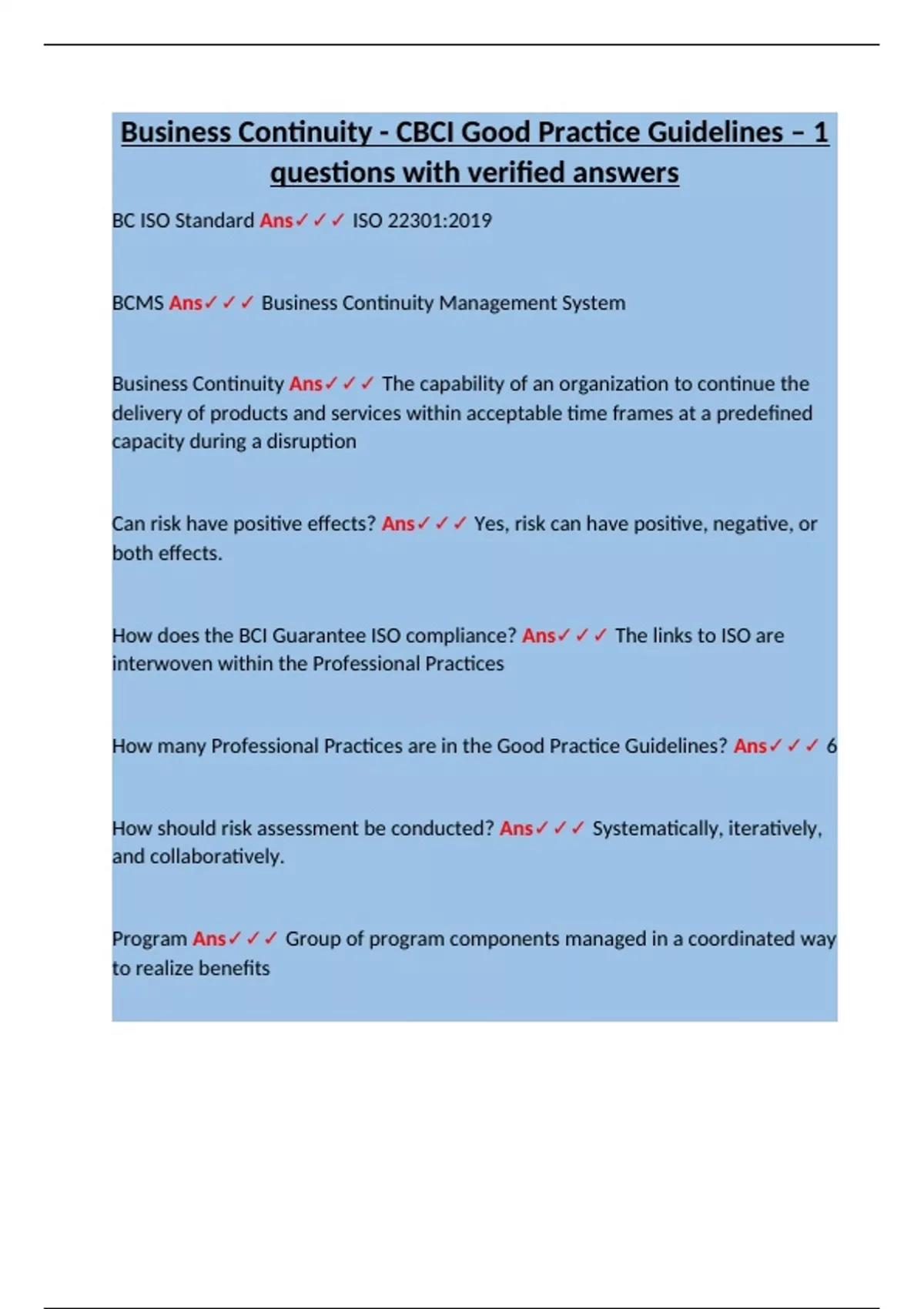 Business Continuity - CBCI Good Practice Guidelines – 1 questions with ...