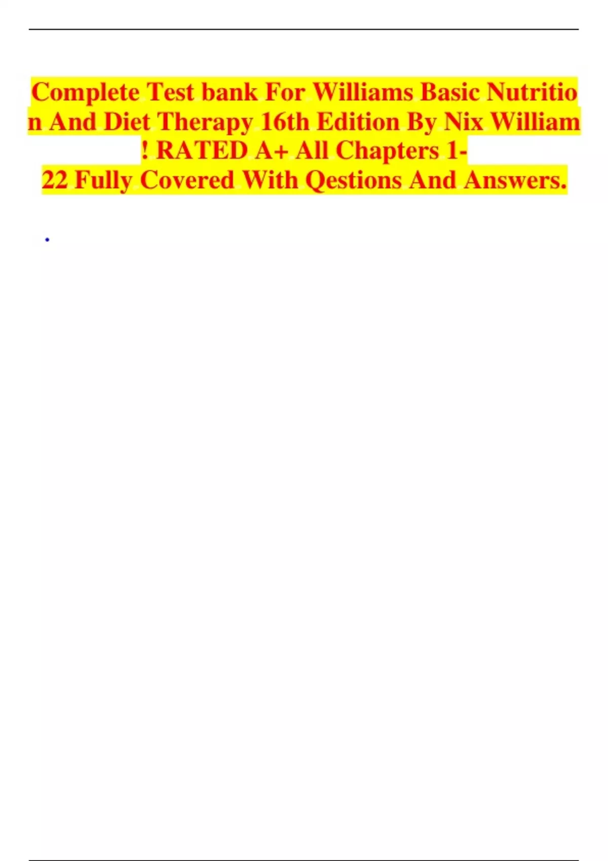 Complete Test bank For Williams Basic Nutrition And Diet Therapy 16th ...