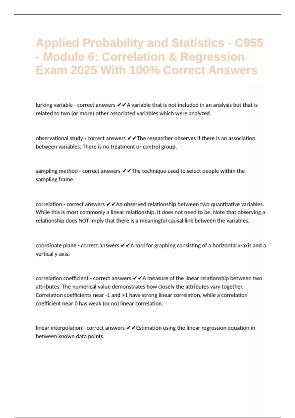 Applied Probability and Statistics - C955 - Module 6: Correlation & Regression Exam 2025 With ...