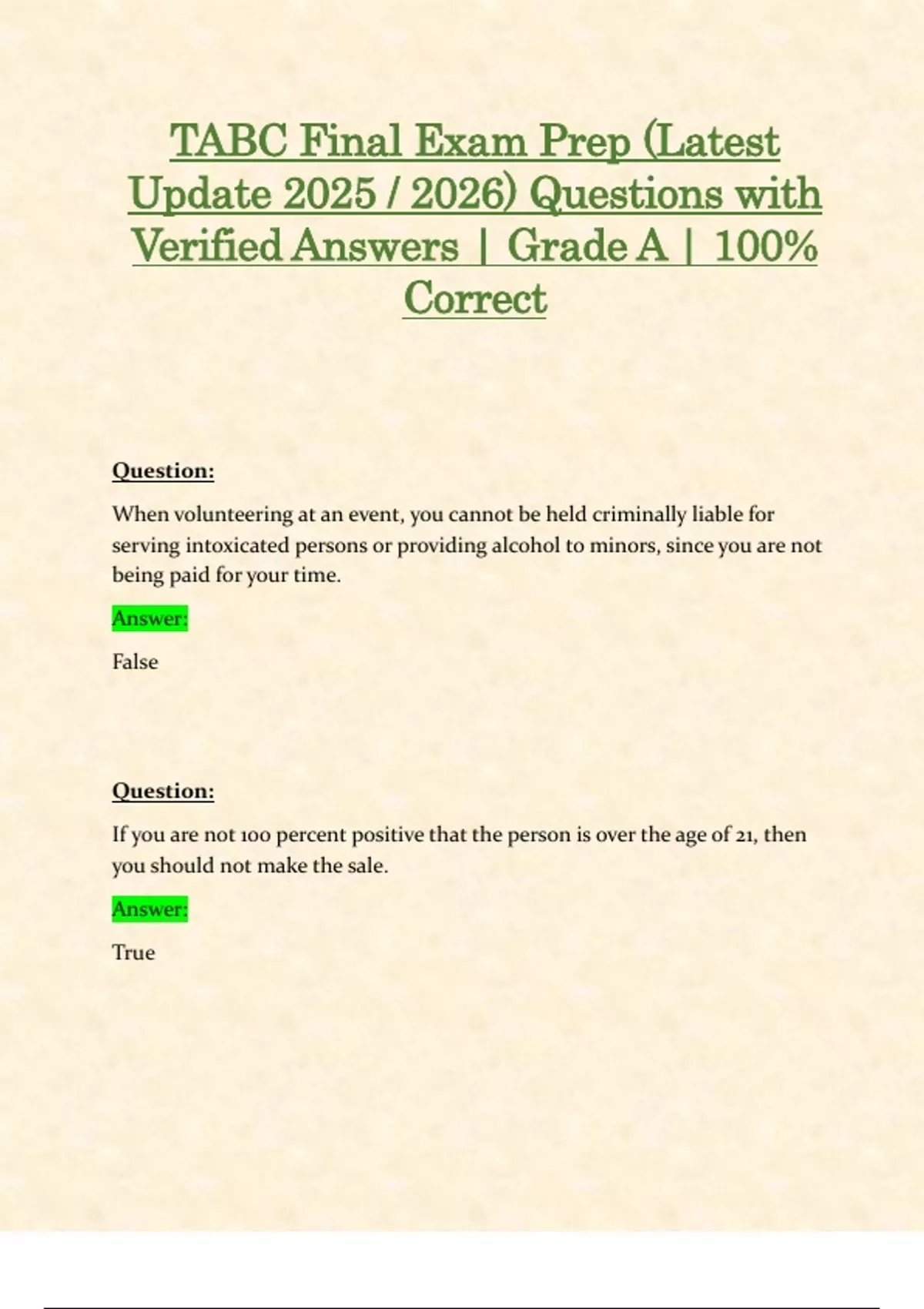 Texas Alcoholic Beverage Commission (TABC) Final Exams Guide (Latest ...