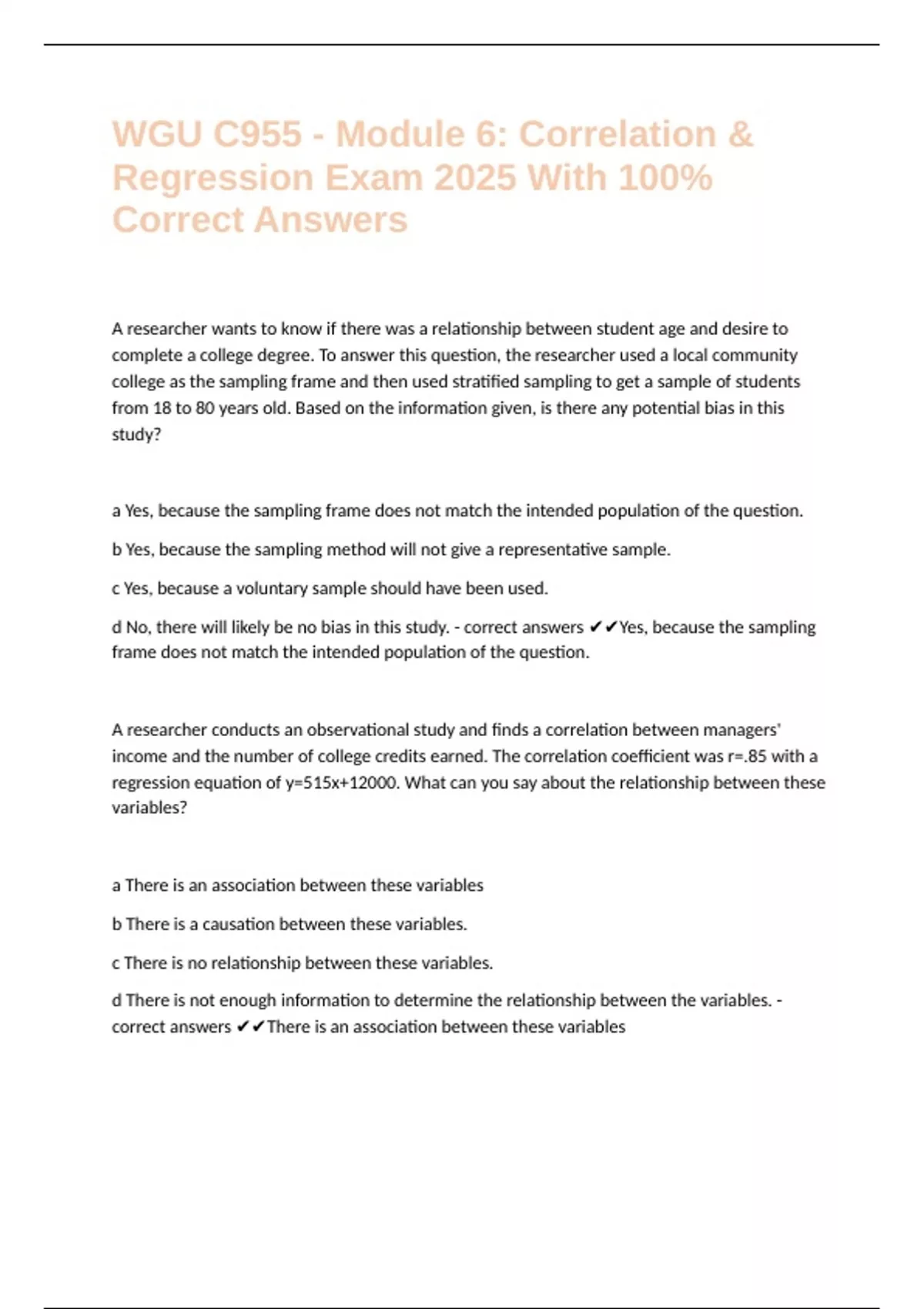 WGU C955 - Module 6: Correlation & Regression Exam 2025 With 100% Correct Answers - WGU C955 ...