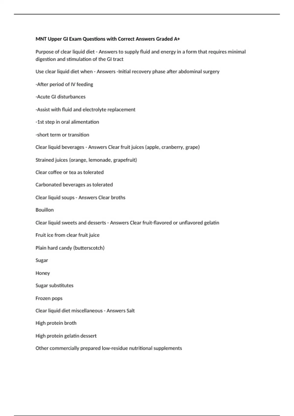 MNT Upper GI Exam Questions with Correct Answers Graded A+ - MNT Upper ...