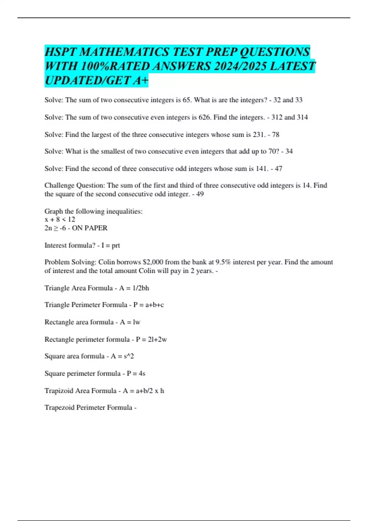 HSPT MATHEMATICS TEST PREP QUESTIONS WITH 100%RATED ANSWERS 2024/2025 ...