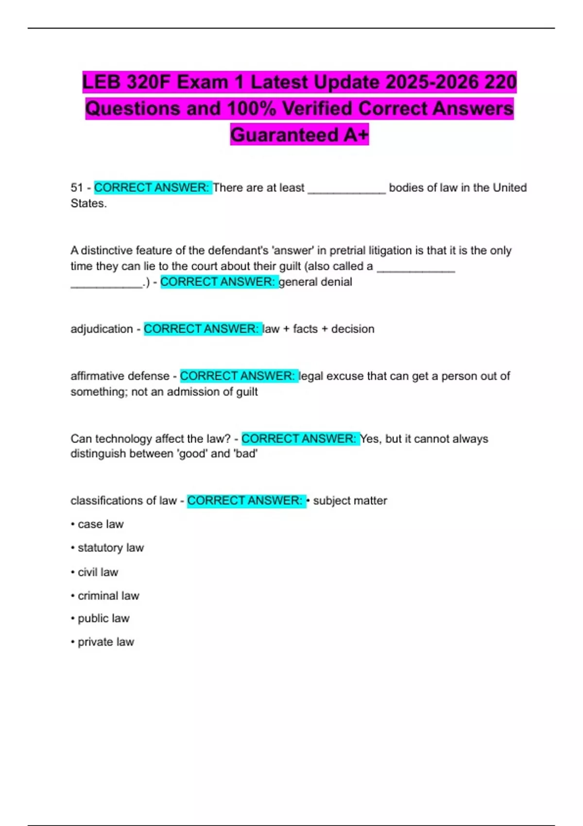 LEB 320F Exam 1 Latest Update Questions and 100% Verified Correct ...