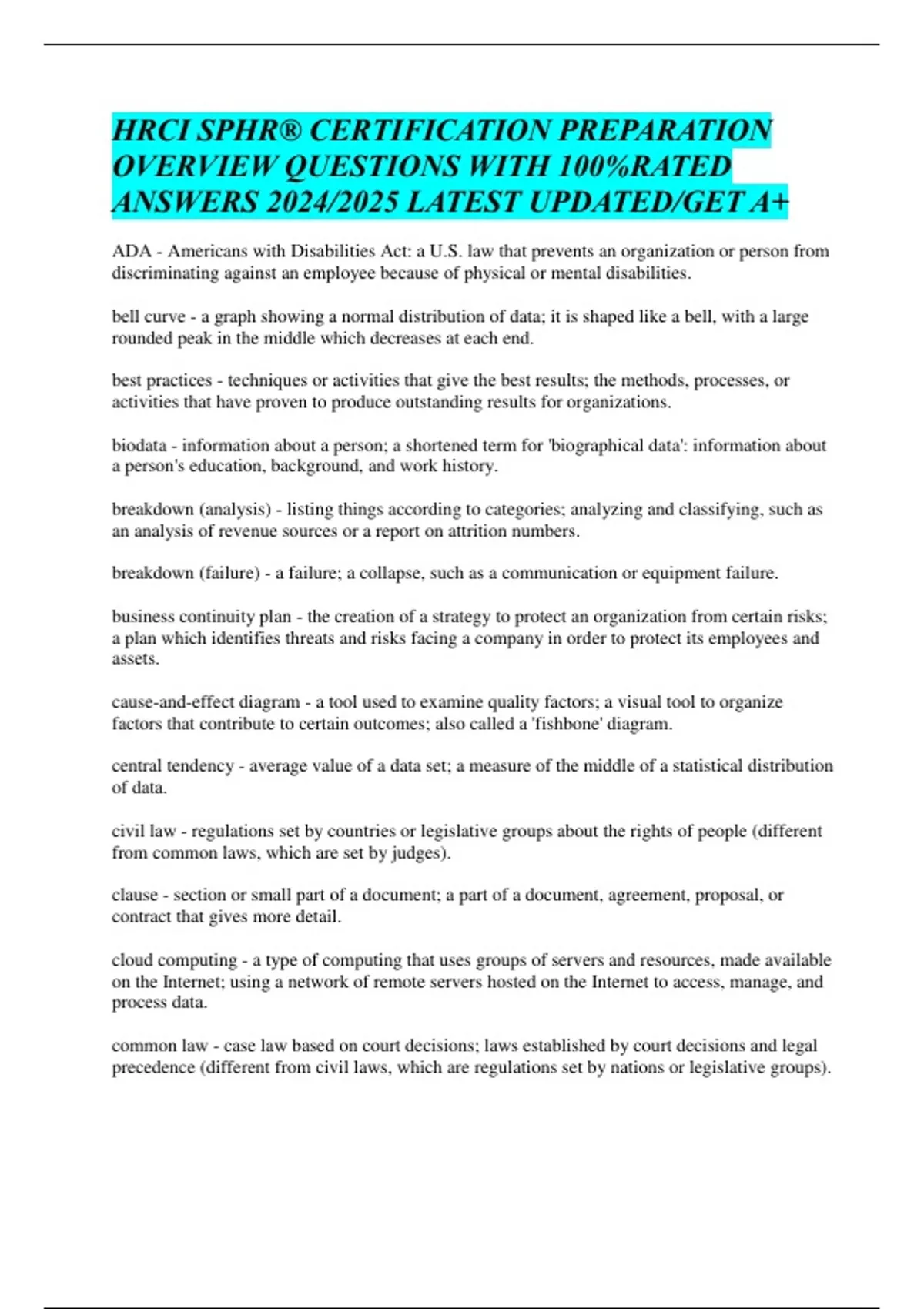 HRCI SPHR® CERTIFICATION PREPARATION OVERVIEW QUESTIONS WITH 100%RATED ...