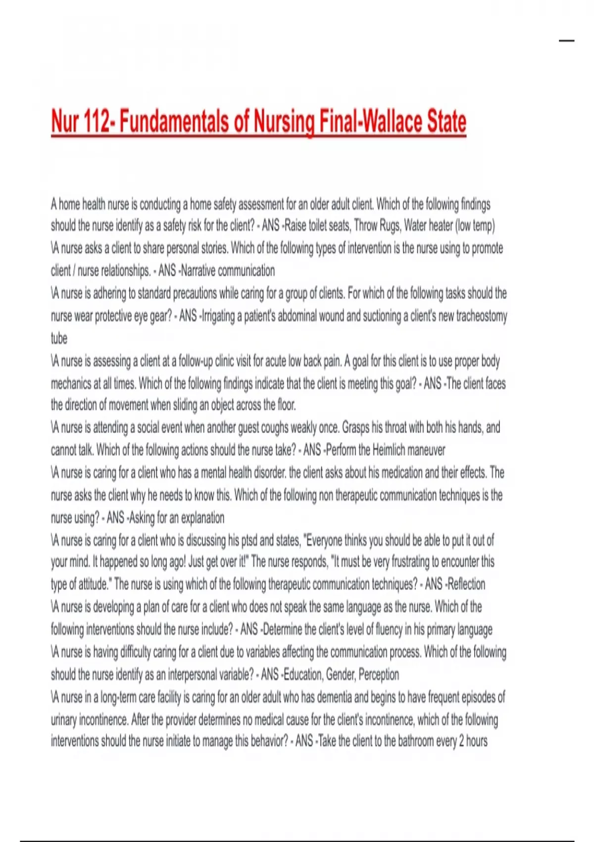 Nur 112- Fundamentals of Nursing Final-Wallace State Exam 2025/2026 ...