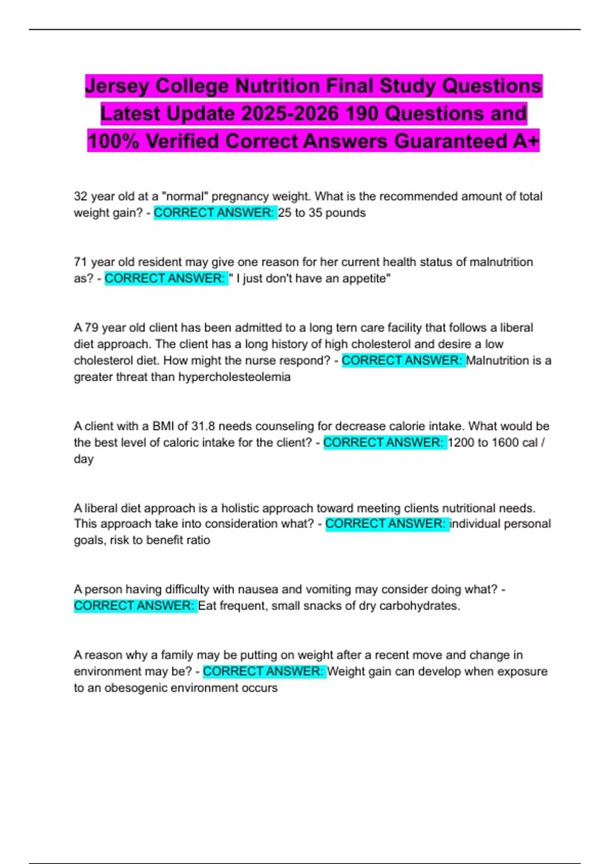 Jersey College Nutrition Final Study Questions Latest Update Questions ...