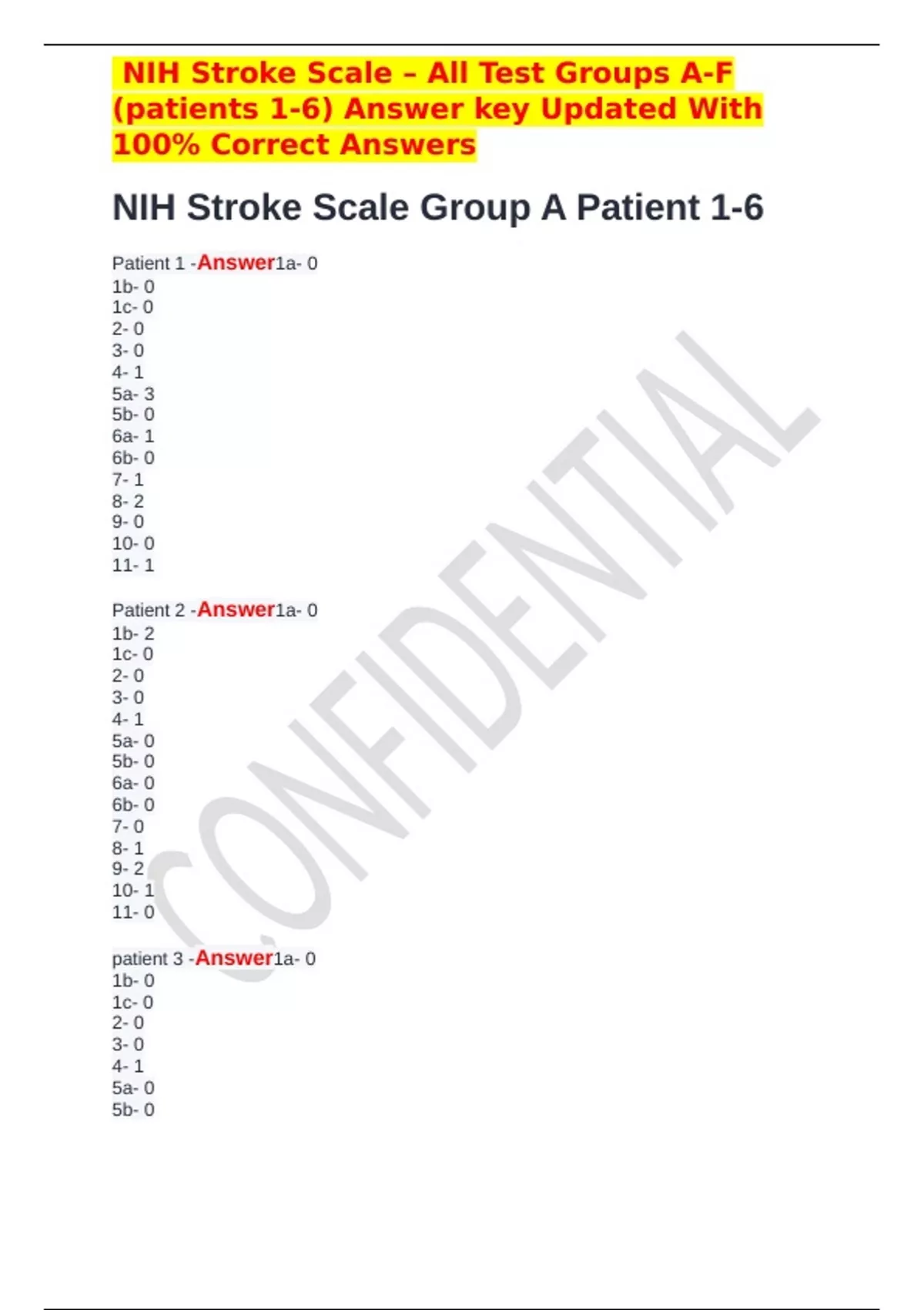 NIH Stroke Scale – All Test Groups A-F (patients 1-6) Answer key ...