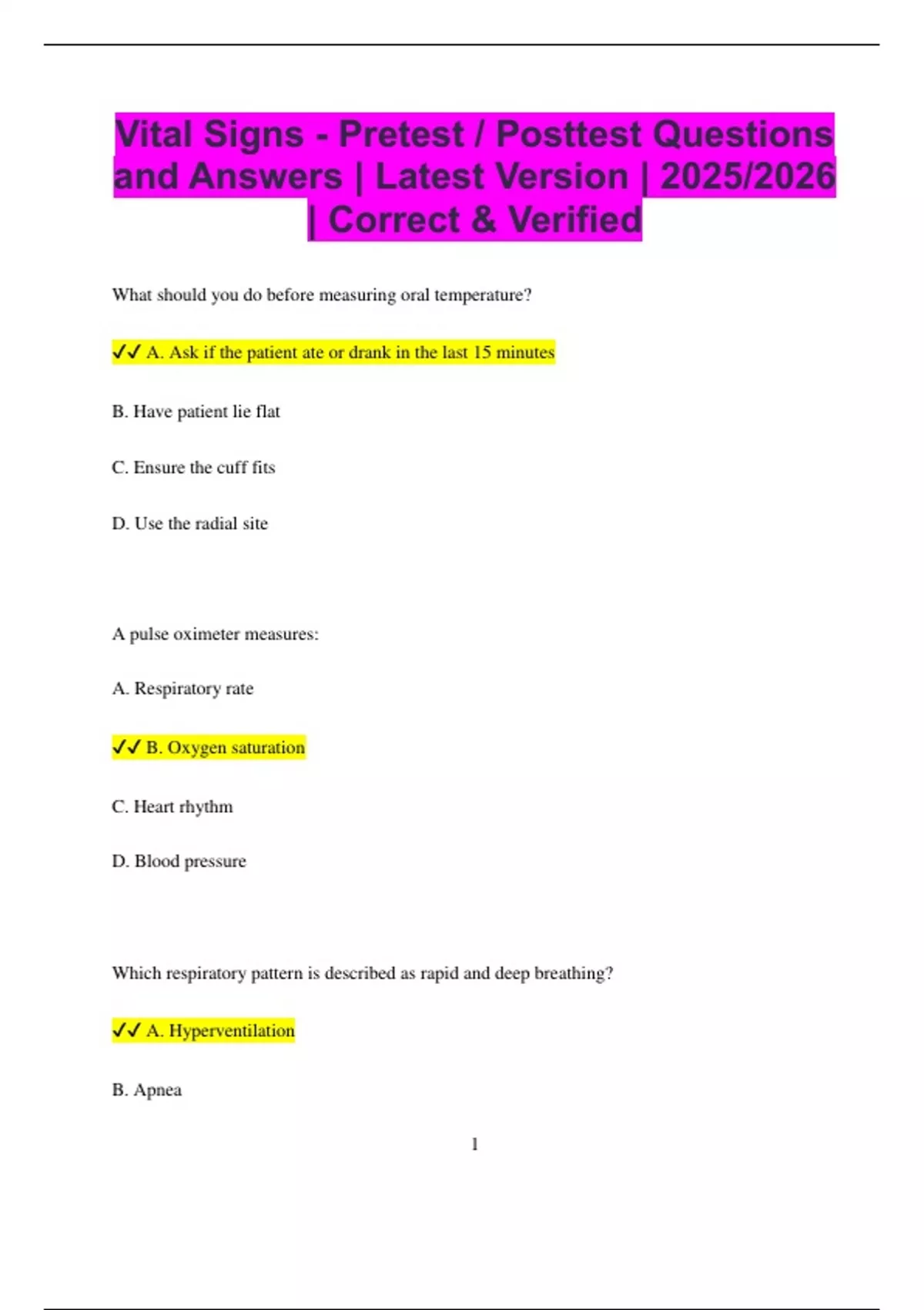 Vital Signs - Pretest / Posttest Questions and Answers | Latest Version ...