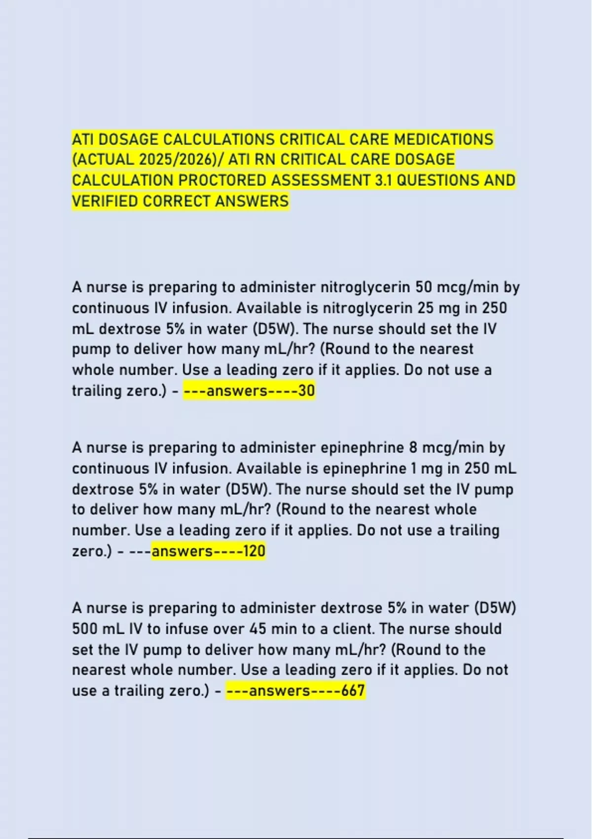 ATI DOSAGE CALCULATIONS CRITICAL CARE MEDICATIONS (ACTUAL 2025/2026 ...
