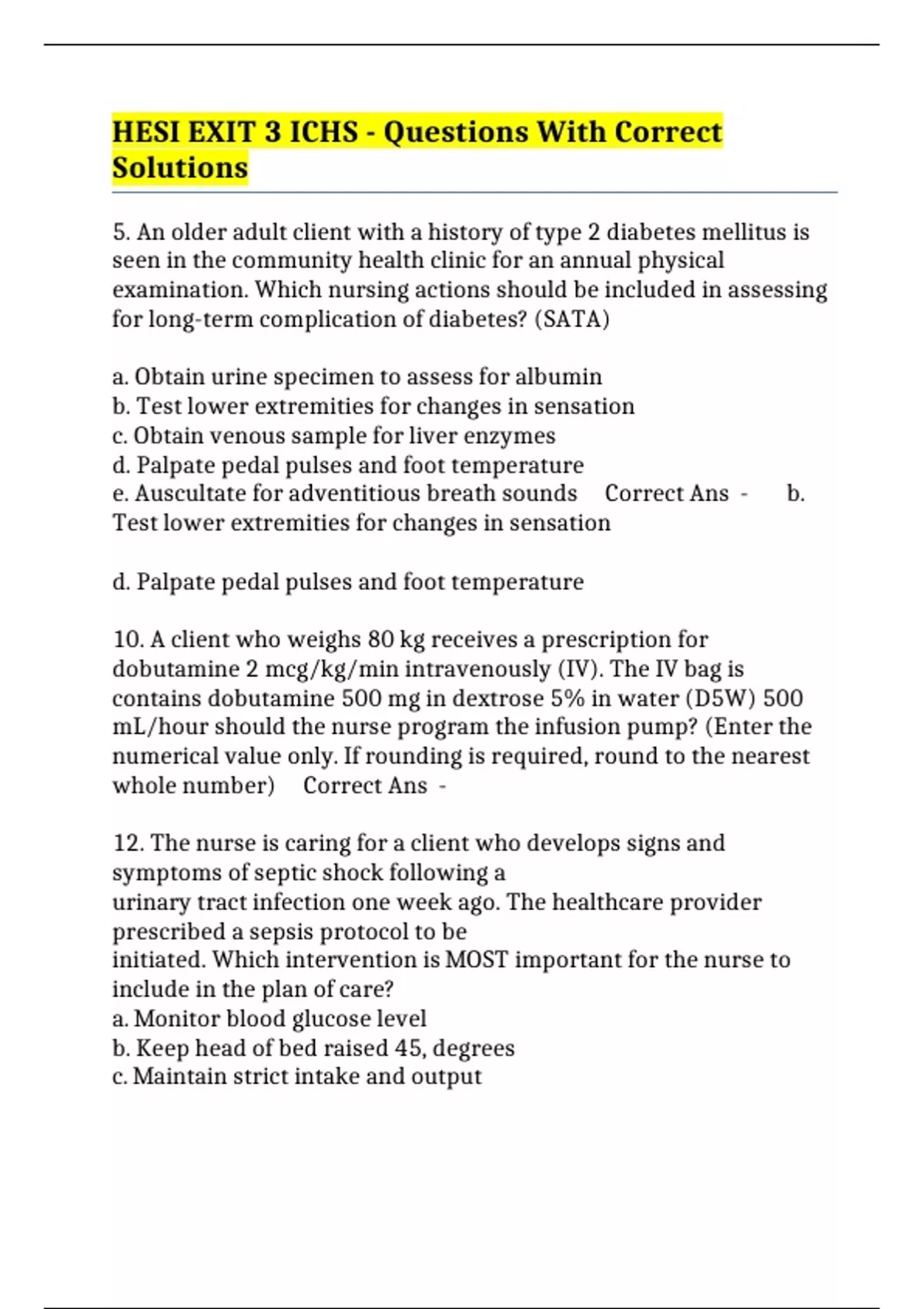 HESI EXIT 3 ICHS - Questions With Correct Solutions - HESI EXIT - Stuvia US