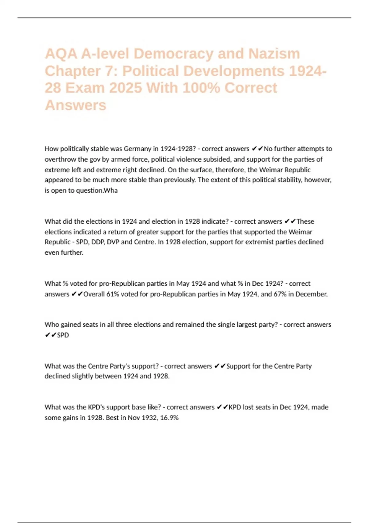 AQA A-level Democracy and Nazism Chapter 7: Political Developments 1924 ...