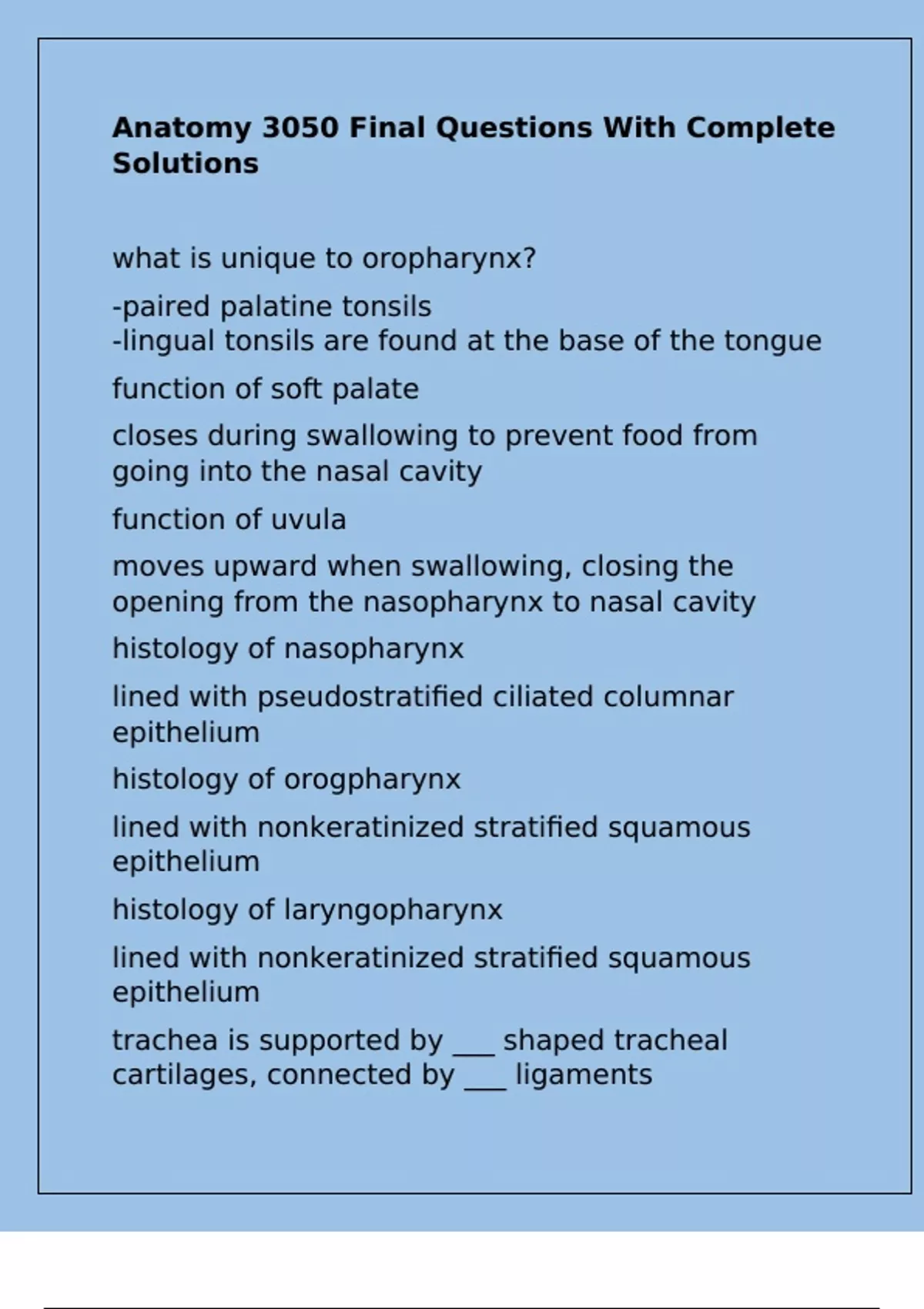Anatomy 3050 Final Questions With Complete Solutions - Anatomy 3050 ...
