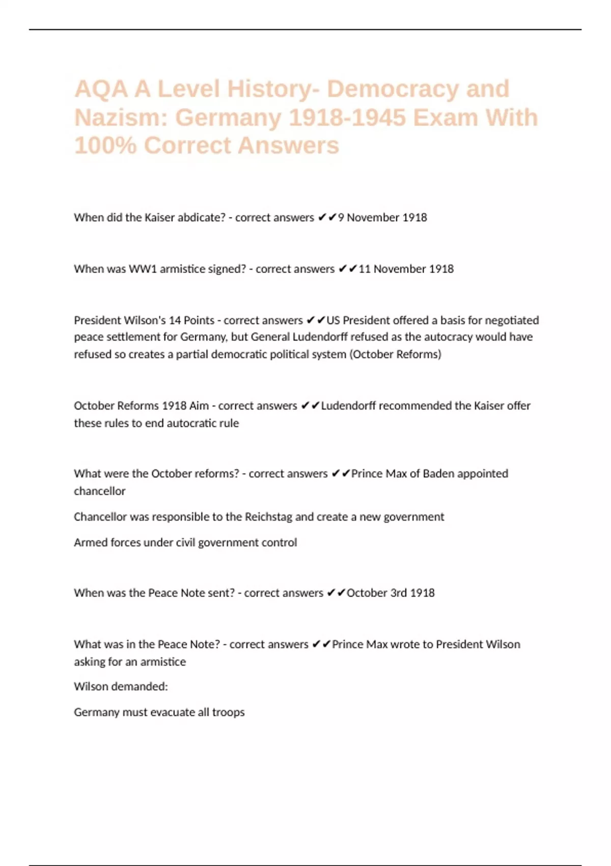 AQA A Level History- Democracy and Nazism: Germany Exam With 100% ...