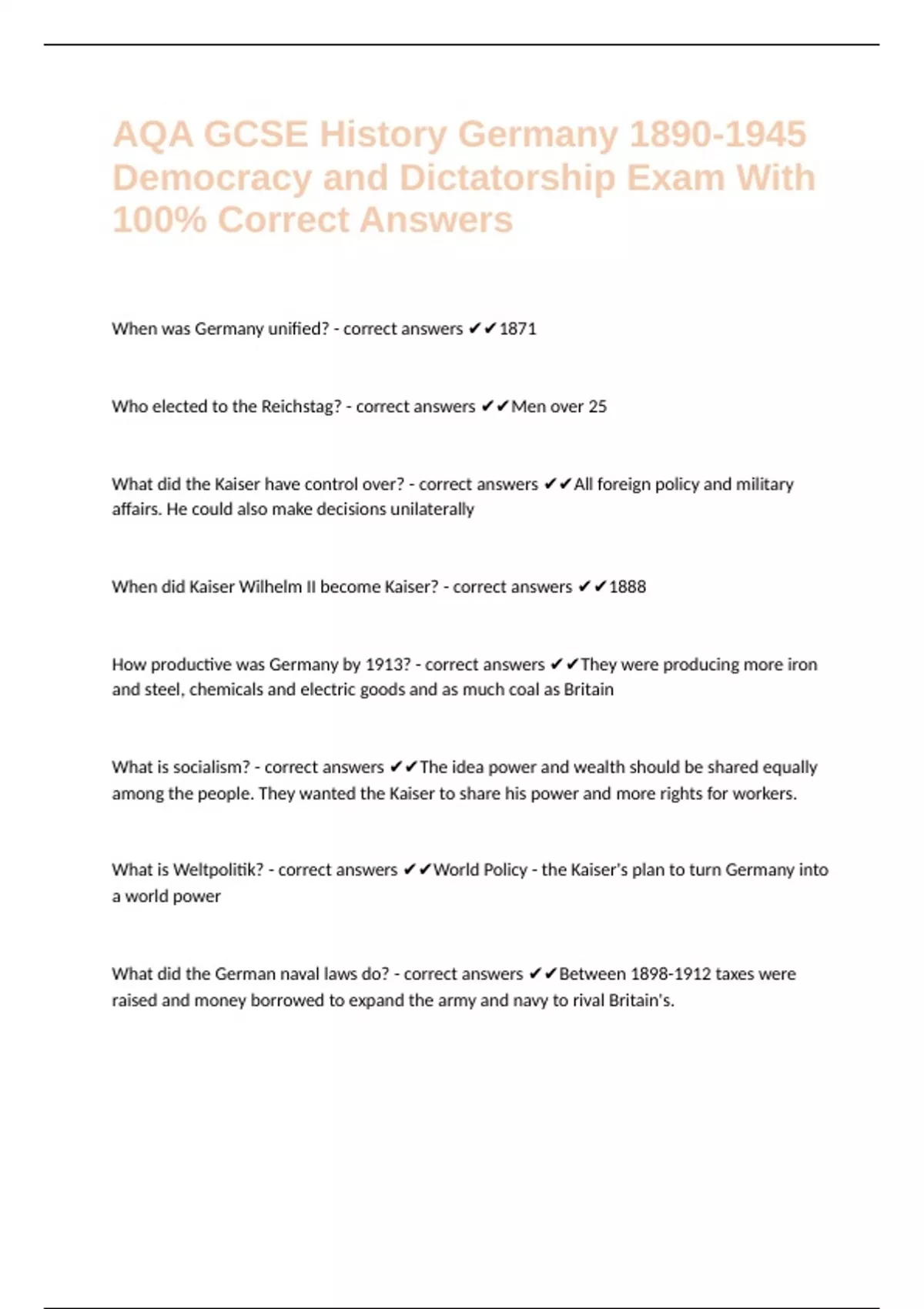 AQA GCSE History Germany Democracy and Dictatorship Exam With 100% ...
