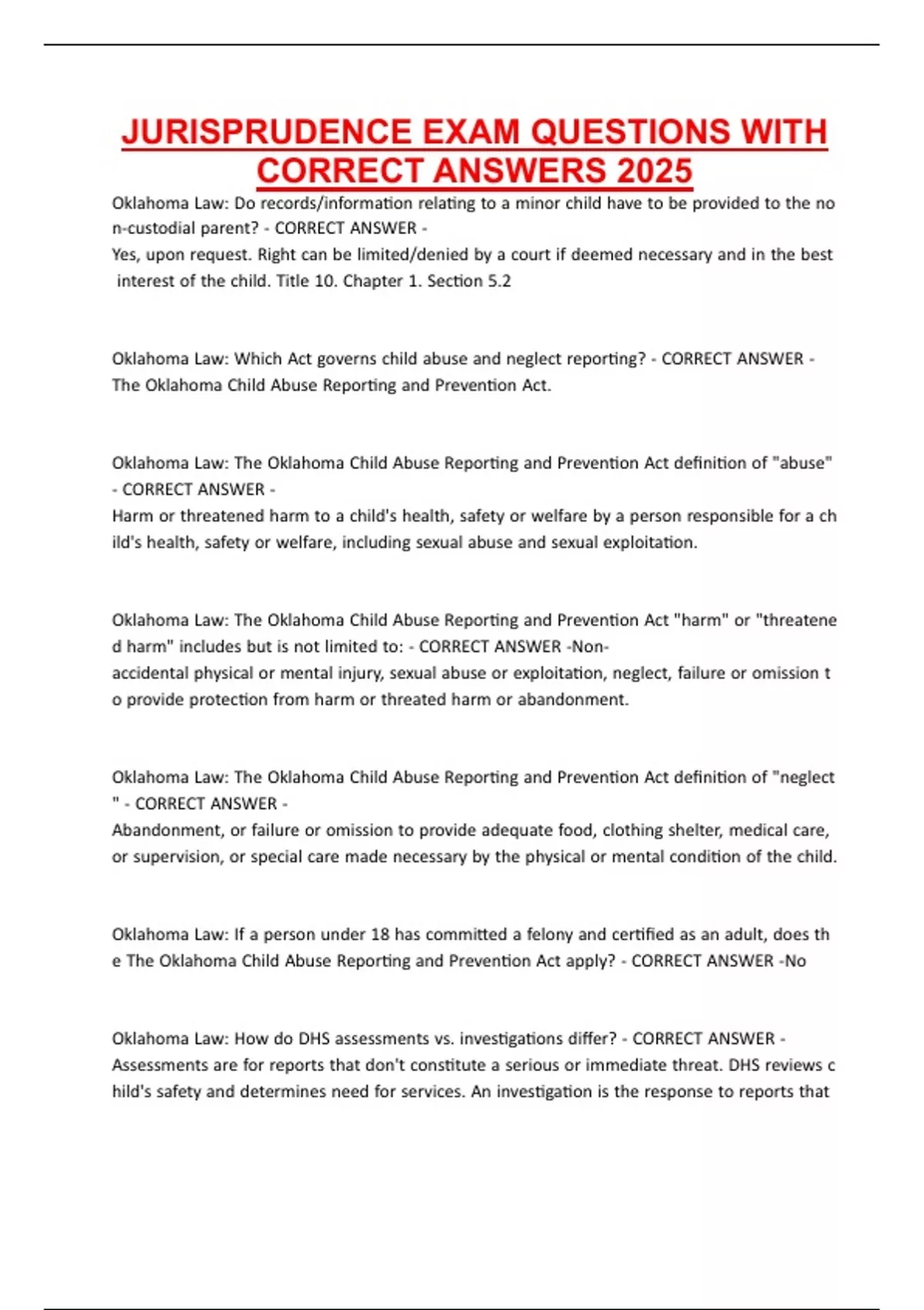 JURISPRUDENCE EXAM QUESTIONS WITH CORRECT ANSWERS 2025 - Oklahoma ...