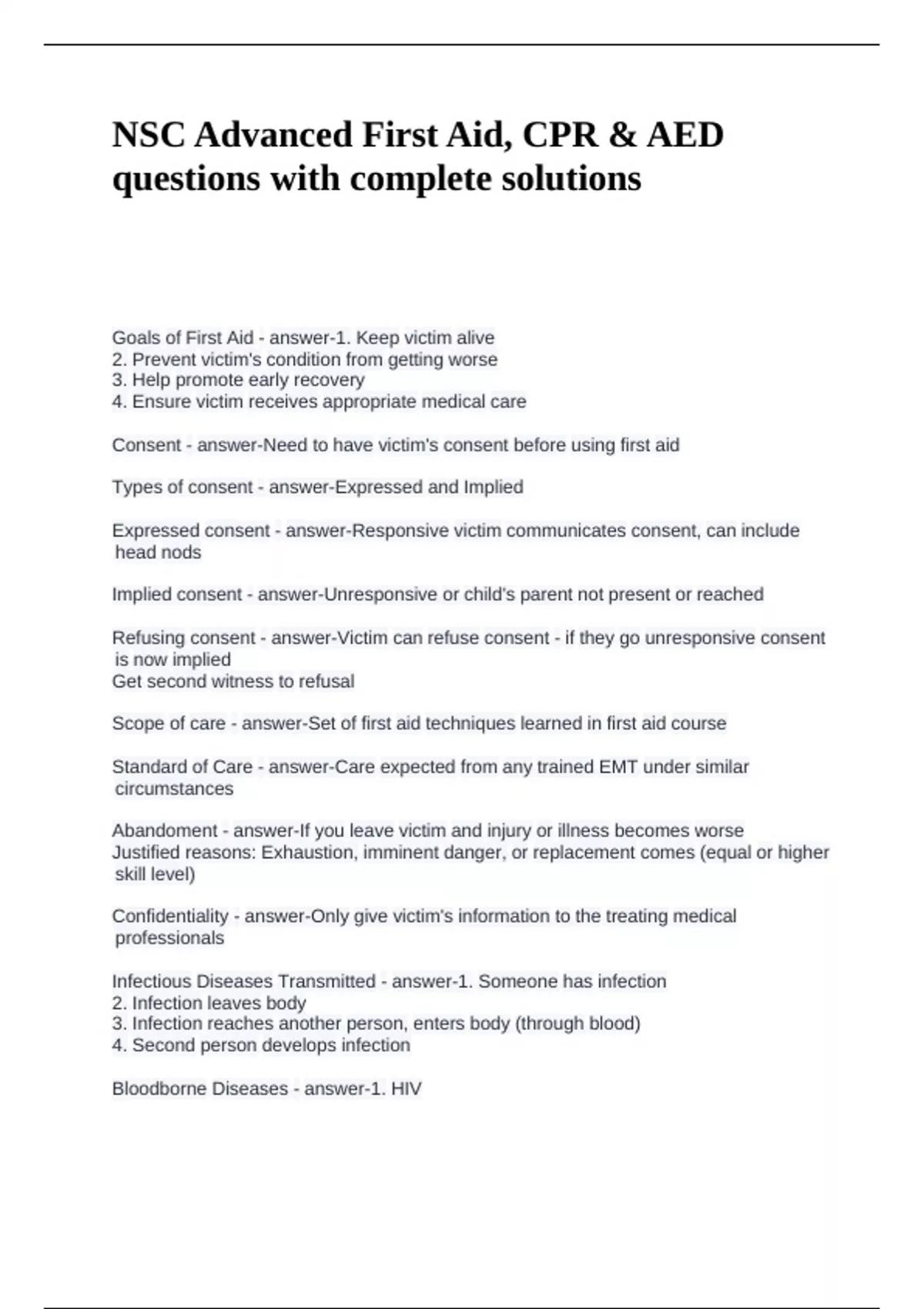 NSC Advanced First Aid, CPR & AED questions with correct answers - NSC FIRST AID, CPR & AED ...